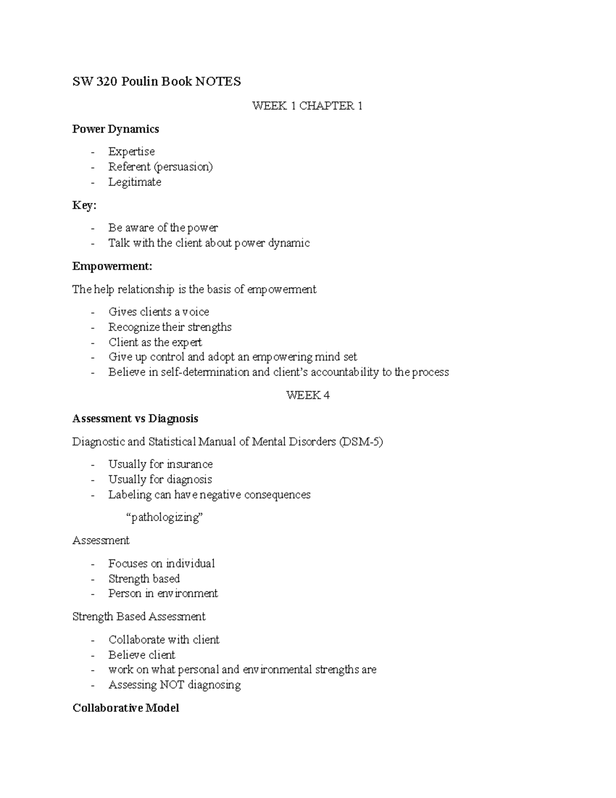 Sw 320 - lecture notes - SW 320 Poulin Book NOTES WEEK 1 CHAPTER 1 ...