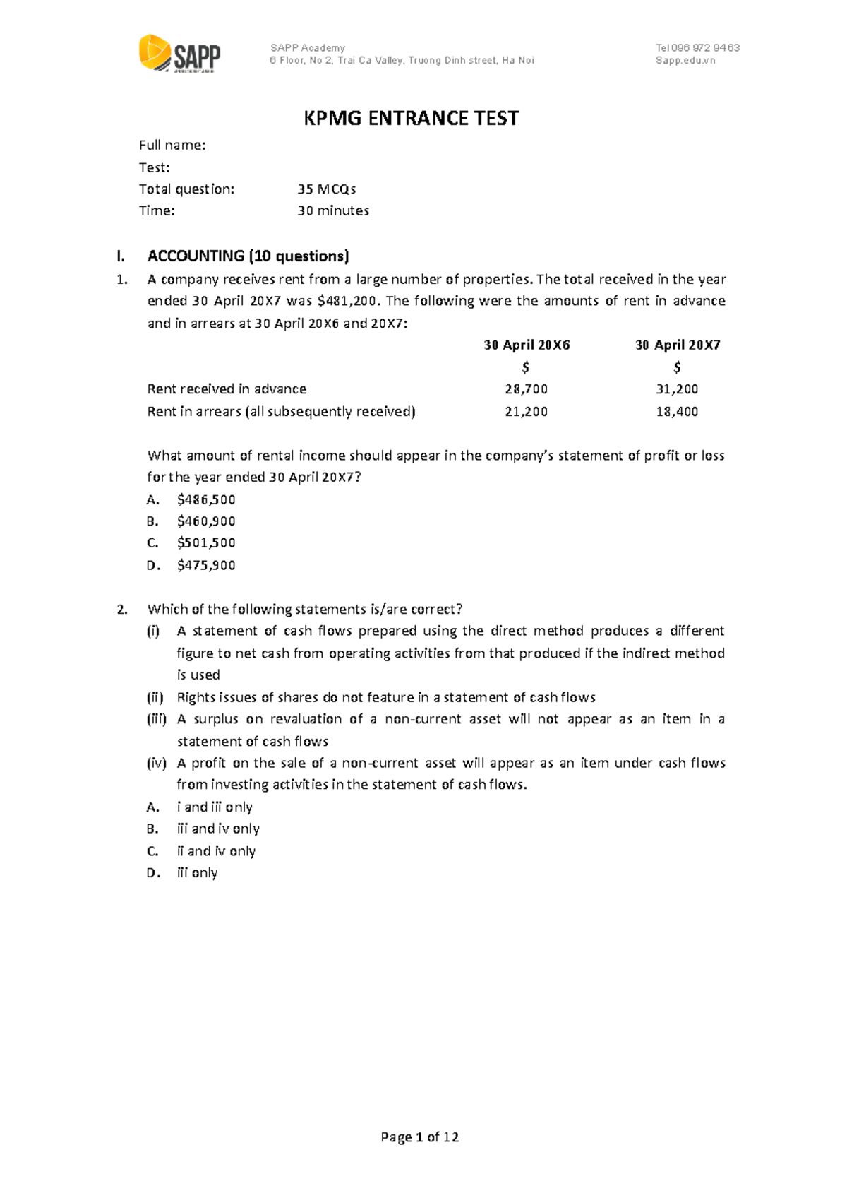 SAPP KPMG Entrance TEST - 6 Floor, No 2, Trai Ca Valley, Truong Dinh ...