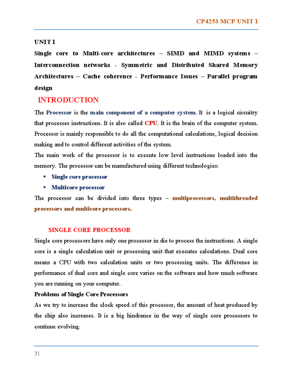 Mcap Unit 1 Multicore Architectural Programming Unit I Single Core To Multi Core