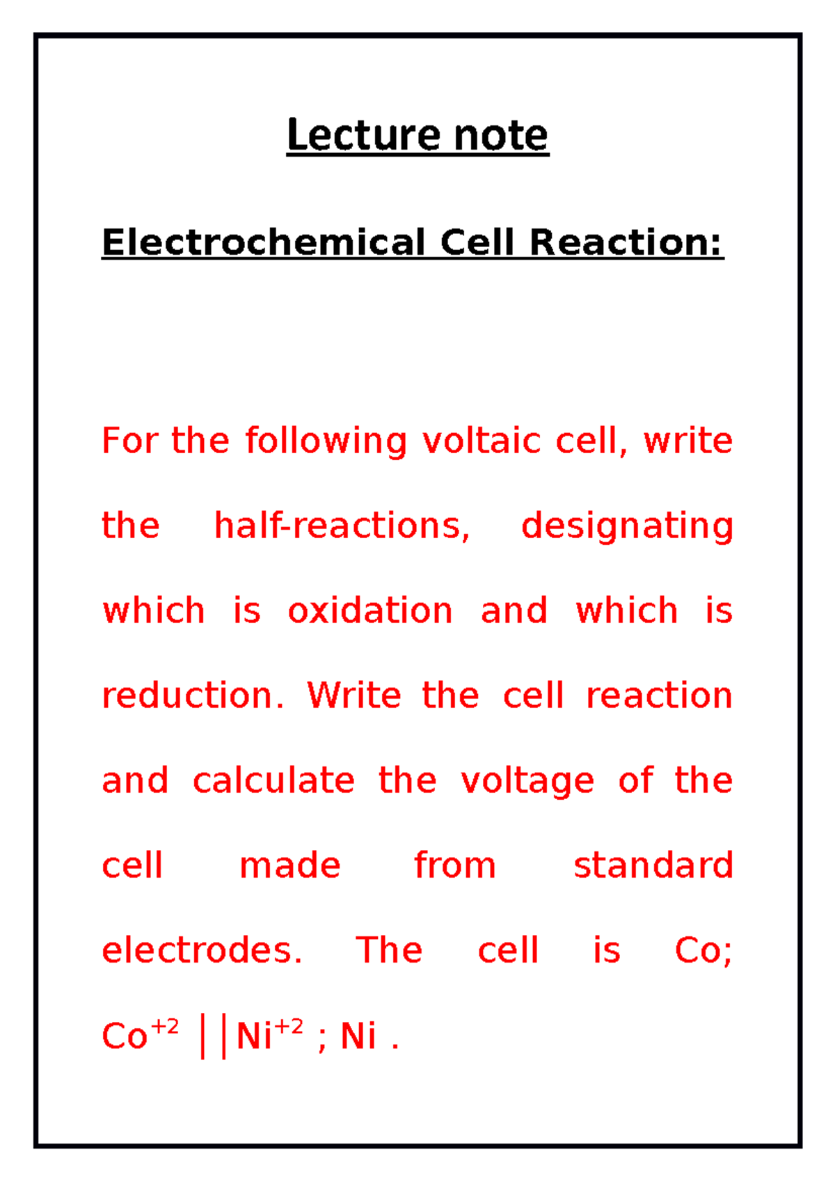 Lecture note of Electrochemical Cell Reaction - Lecture note ...
