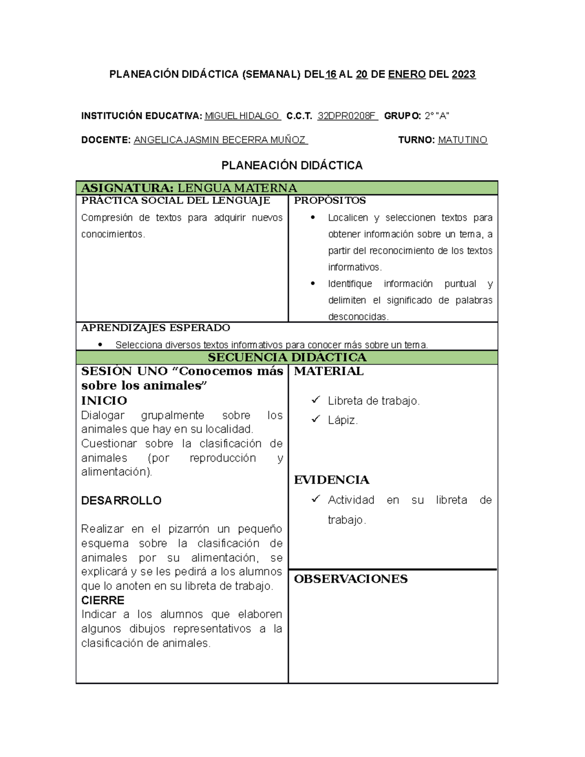 Planeación segundo semana del 16 al 20 enero - PLANEACIÓN DIDÁCTICA ...