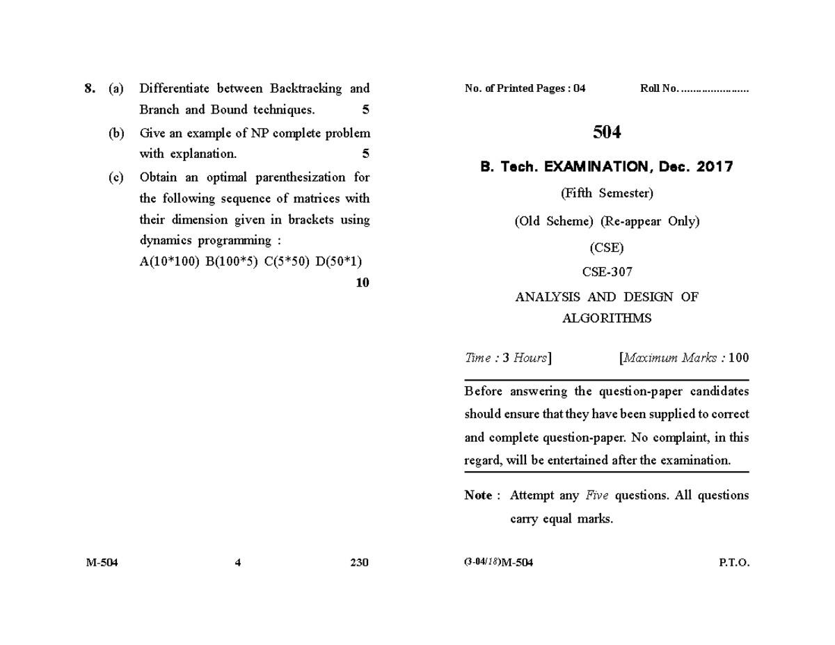 CSE307 - Sample question paper. - M-504 4 230 (3-04/ 18 )M-504 P.T. No. of Printed Pages : 04 ...
