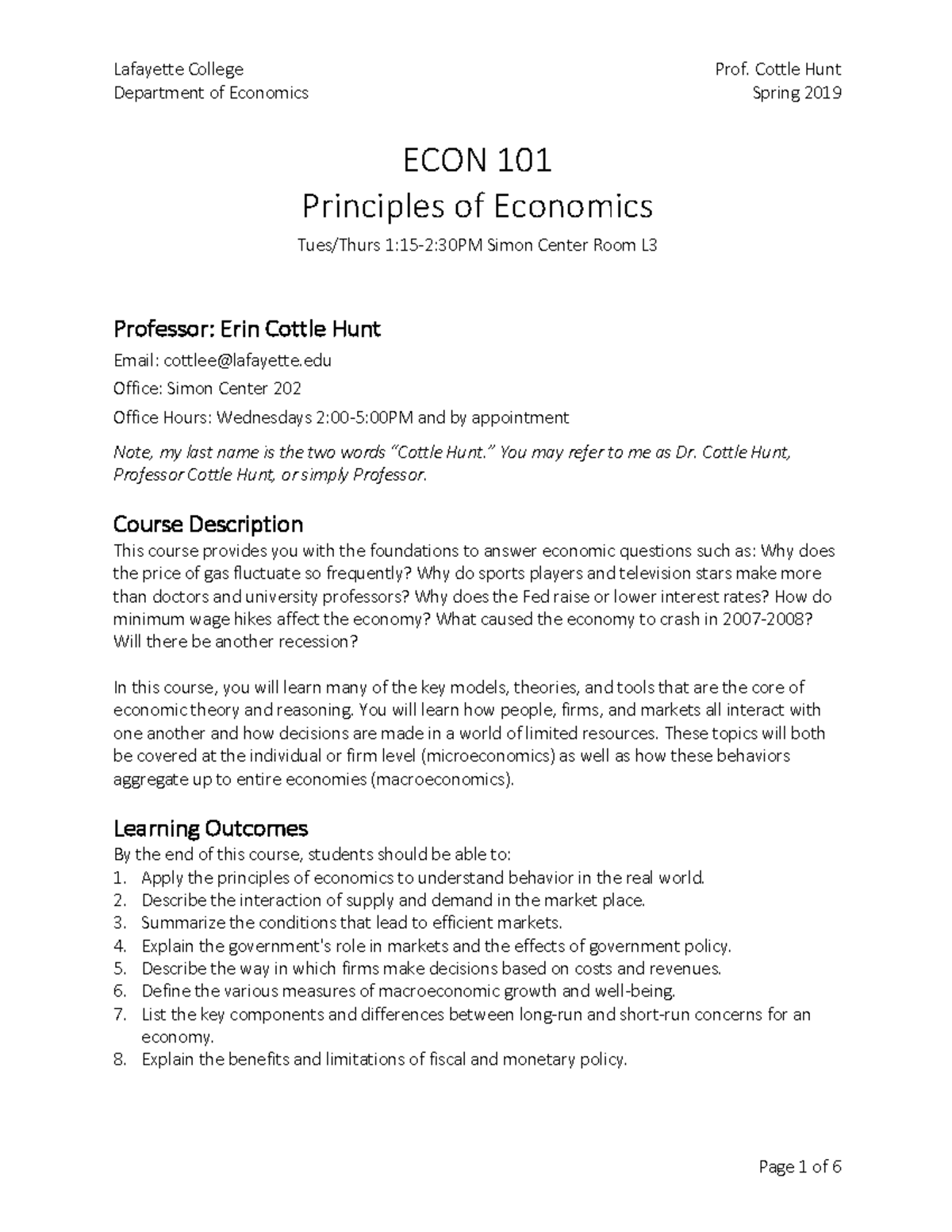(sample) Econ-101-syllabus - Prof Cottle Hunt - Department of Economics ...
