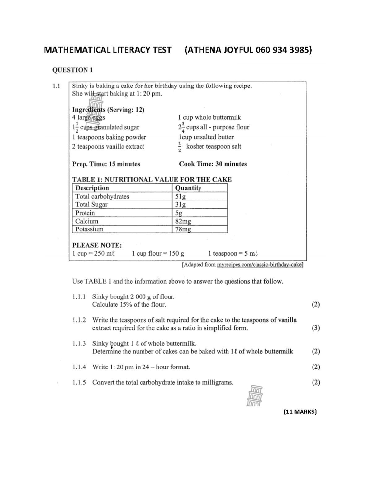 Mathematical Literacy TEST - MATHEMATICAL LITERACY TEST (ATHENA JOYFUL ...