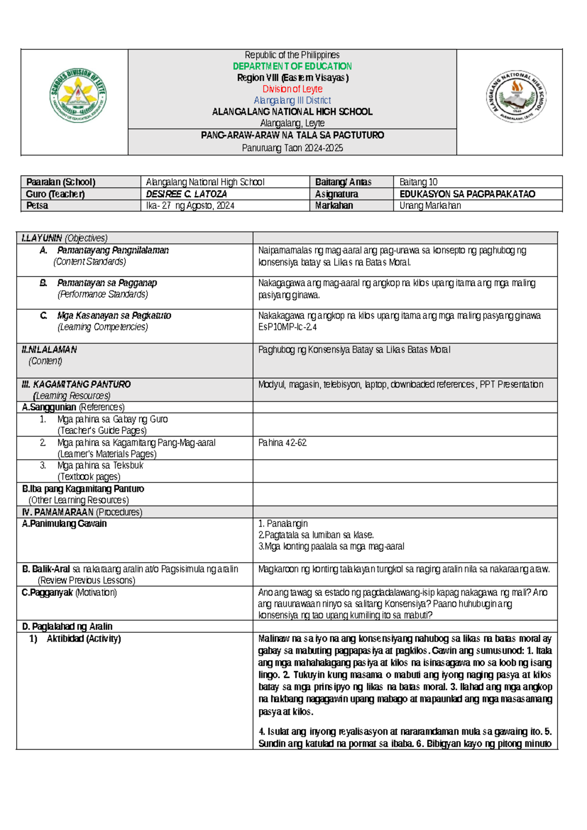 August-27-ESP - Lesson Plan in Values Education - Republic of the ...