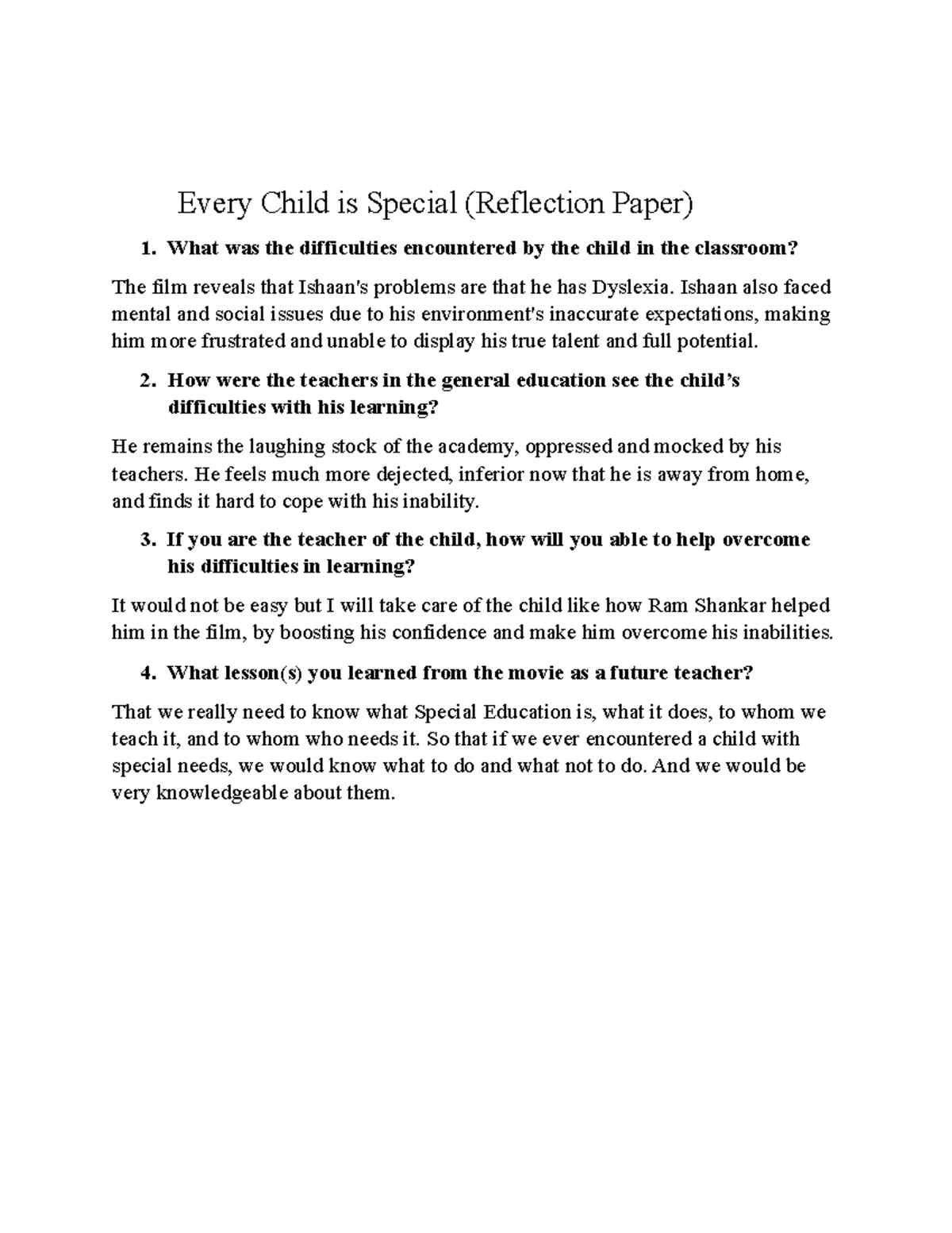 Foundation in Learning - Every Child is Special (Reflection Paper) 1 ...