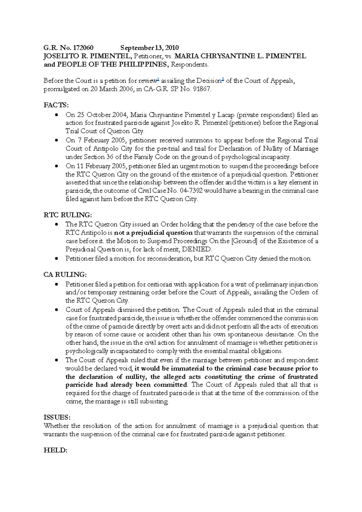 Consolidated - Case summary - G. No. 172060 September 13, 2010 JOSELITO ...