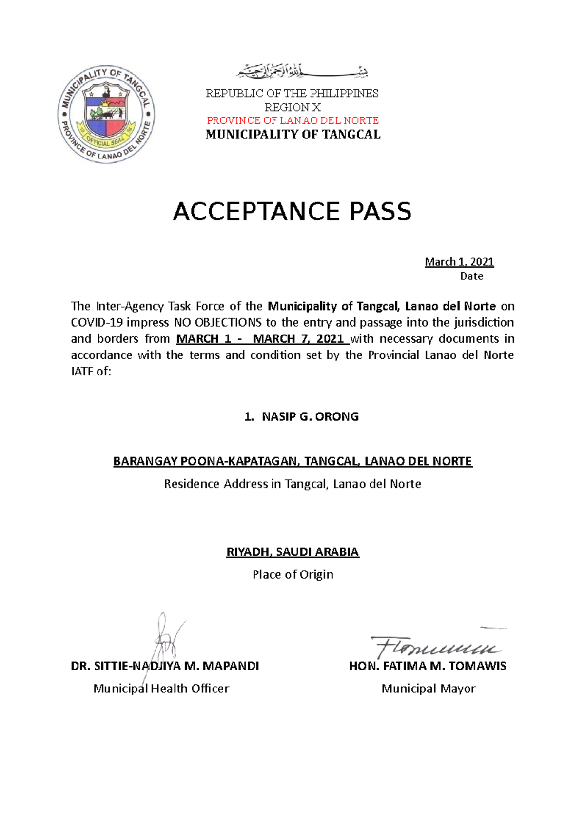 Acceptance pass - This is just a sample. - REPUBLIC OF THE PHILIPPINES ...