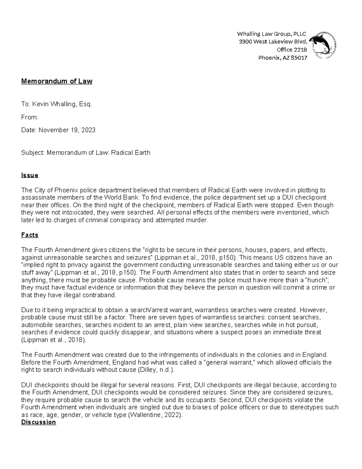 Memorandum of Law Template 4 - Whalling Law Group, PLLC 3300 West ...