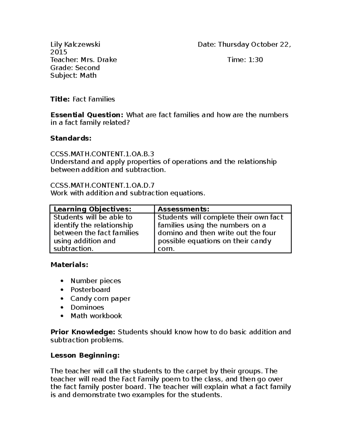 292818619 fact family lesson plan - Lily Kalczewski Date: Thursday ...
