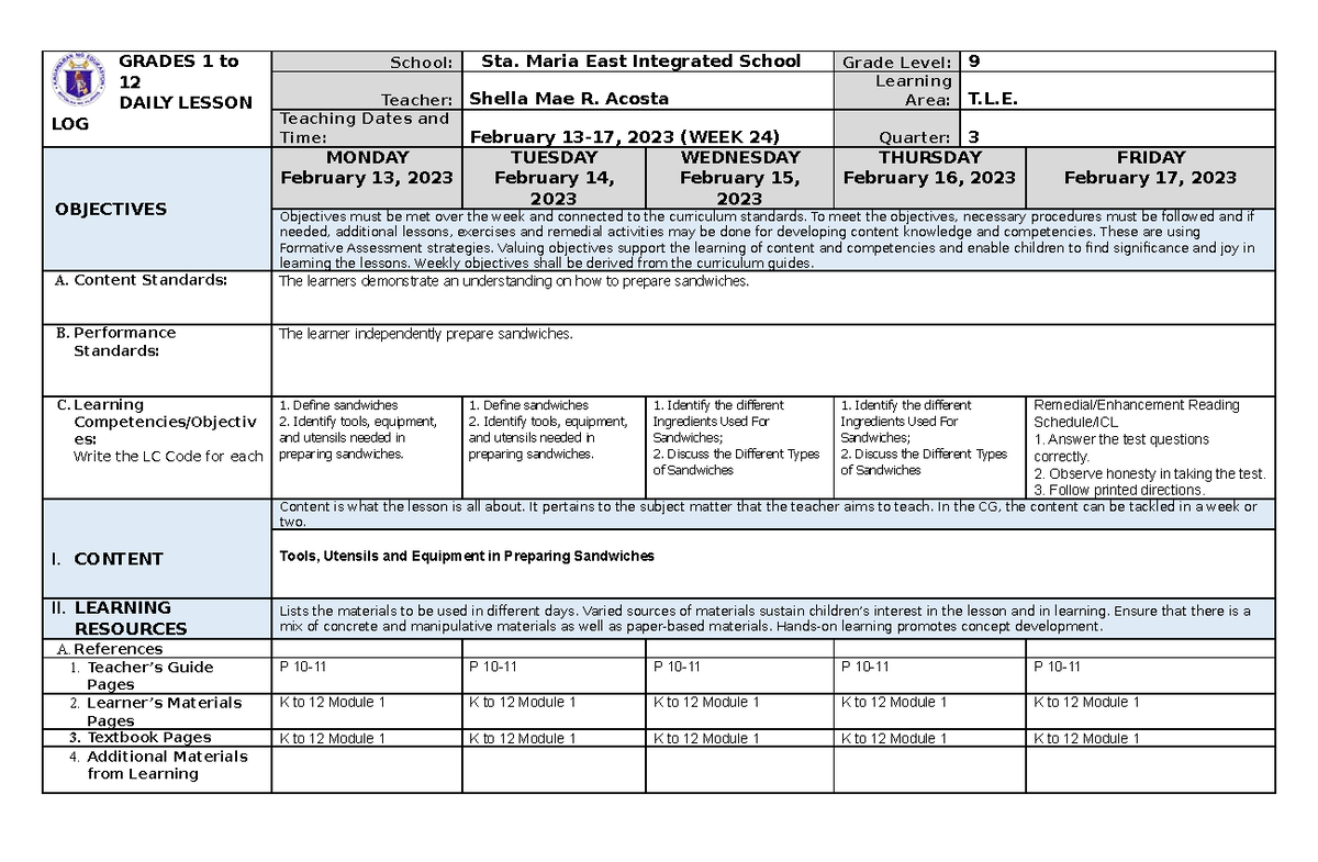 DLL-TLE-WEEK 24-3rd Quarter - GRADES 1 to 12 DAILY LESSON LOG School ...