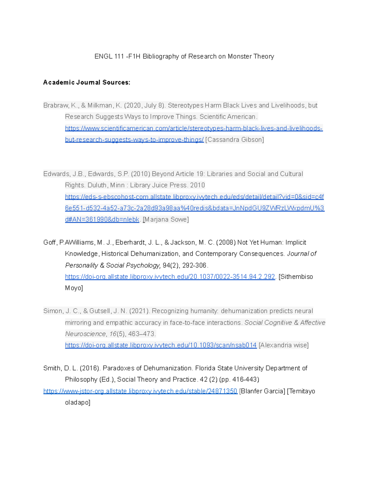 ENGL 111 - F1H Bibliography of Research on Monster Theroy - ENGL 111 ...