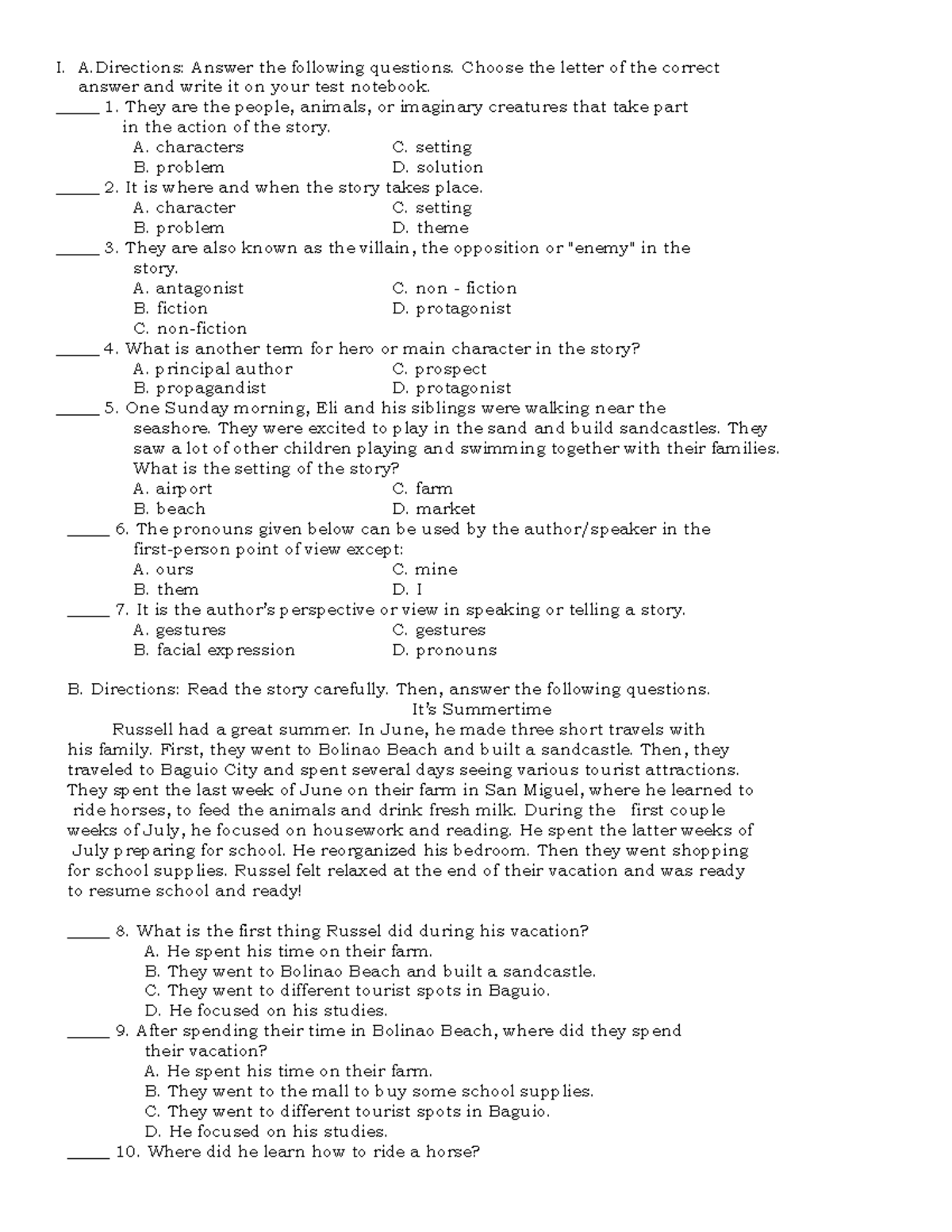 Sum - SUMMARY - I. A: Answer the following questions. Choose the letter ...