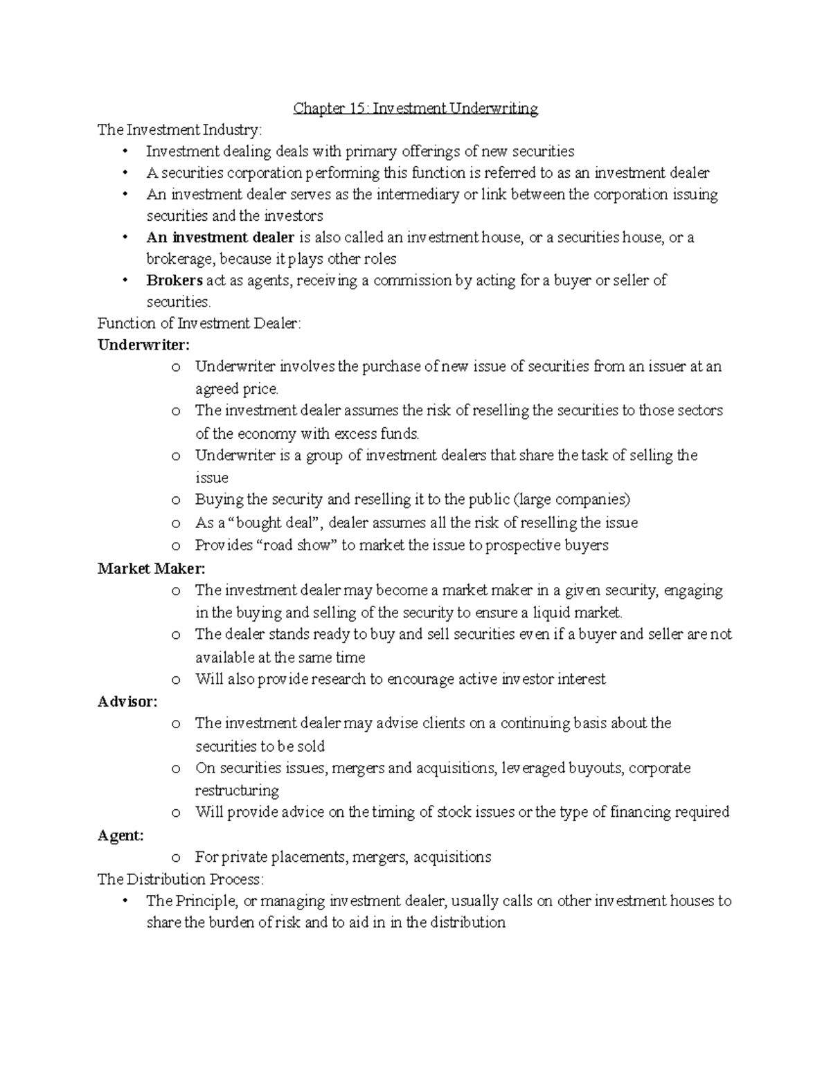 Chapter 15 - Lecture notes 15 - Chapter 15: Investment Underwriting The ...