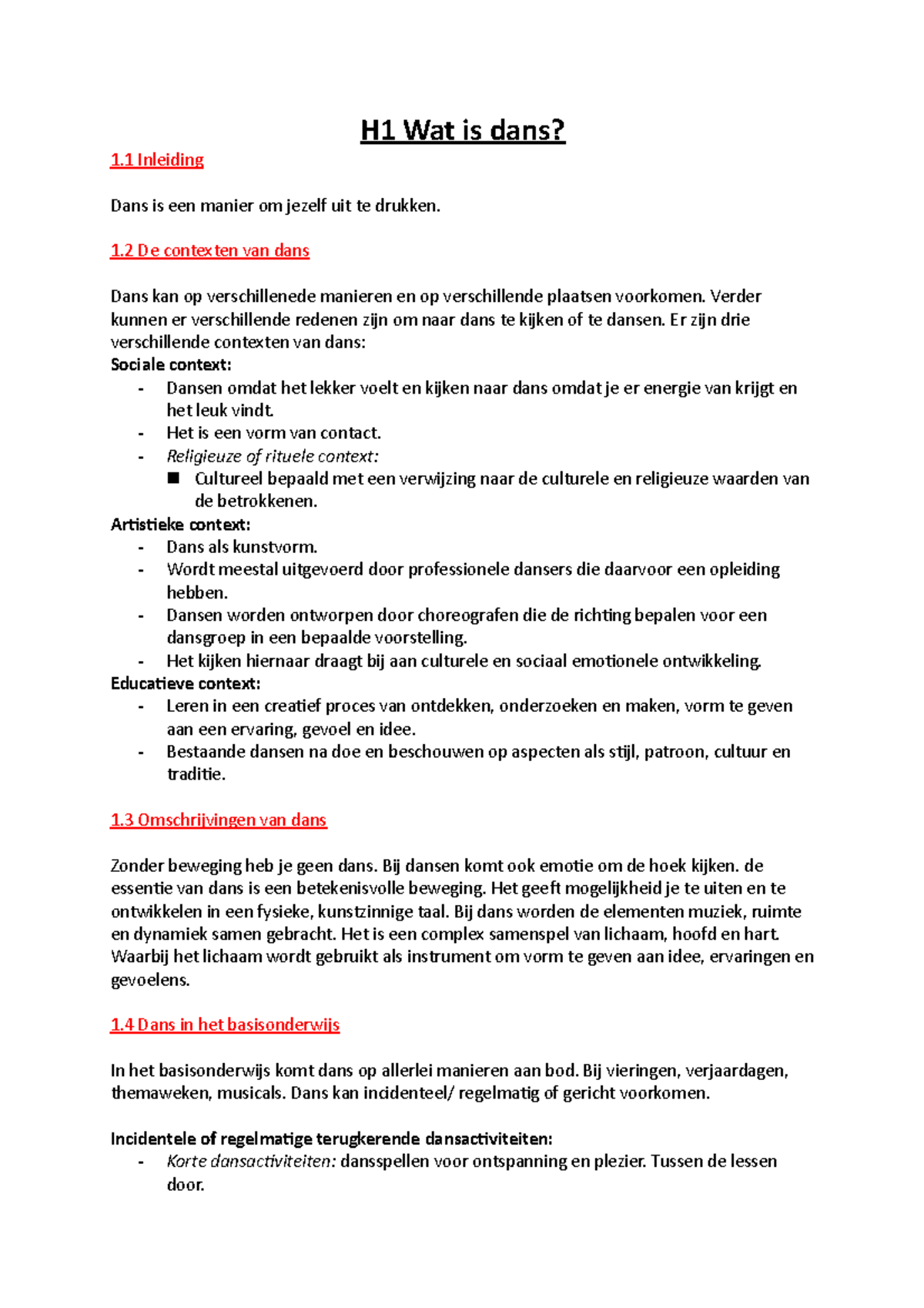 Dans samenvatting - H1 Wat is dans? 1 Inleiding Dans is een manier om ...