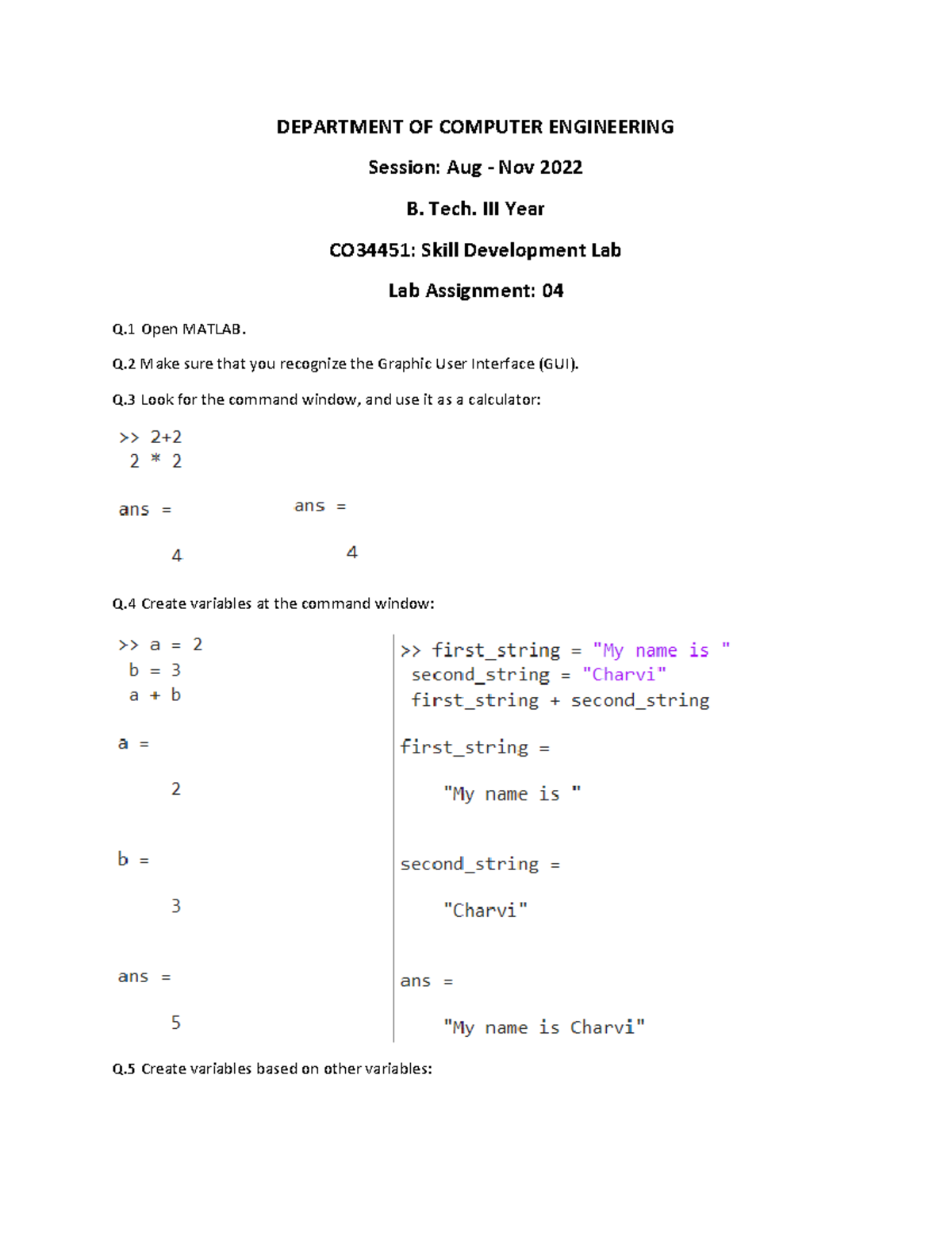 Matlab Assignment Department Of Computer Engineering Session Aug