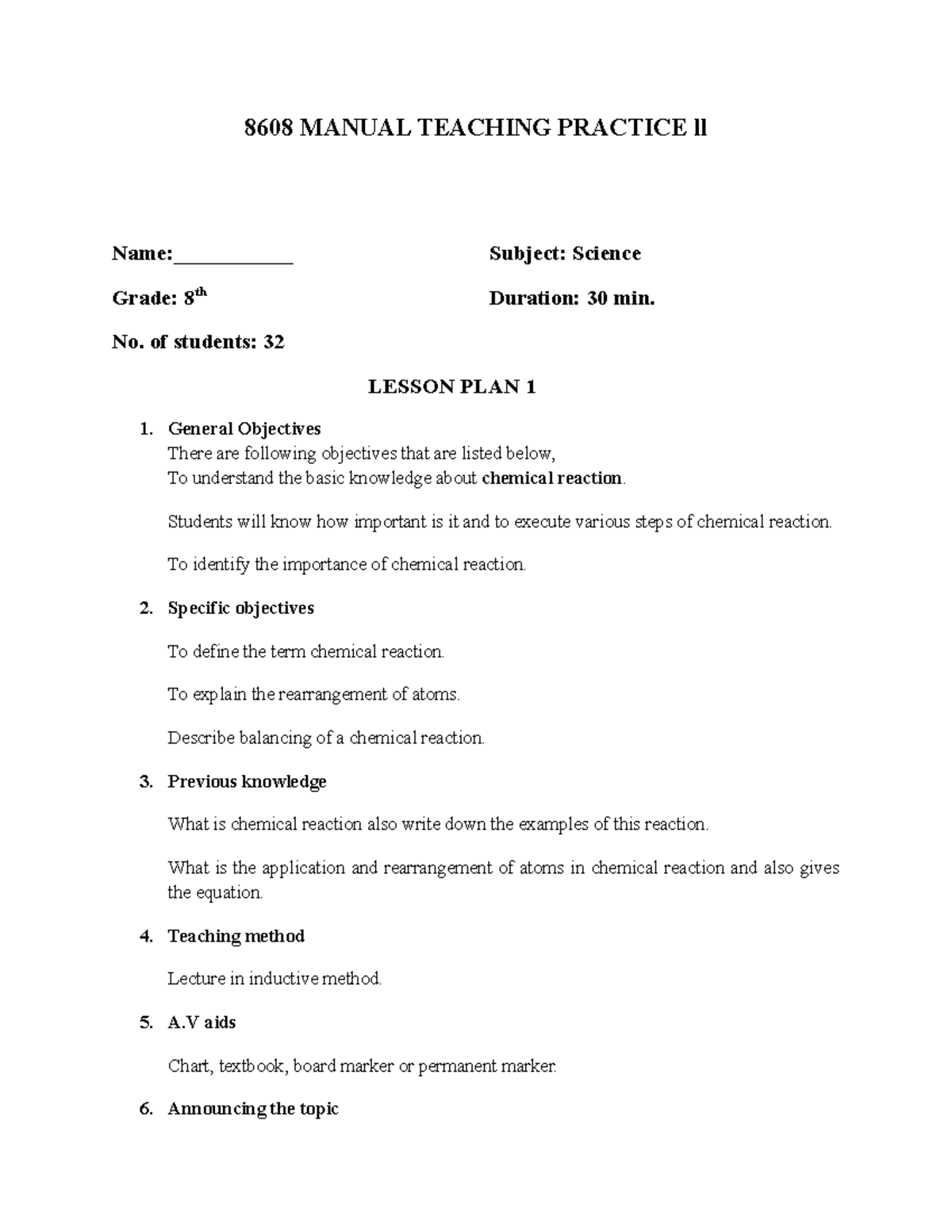 40 lesson plans - nothing - 8608 MANUAL TEACHING PRACTICE ll Name ...