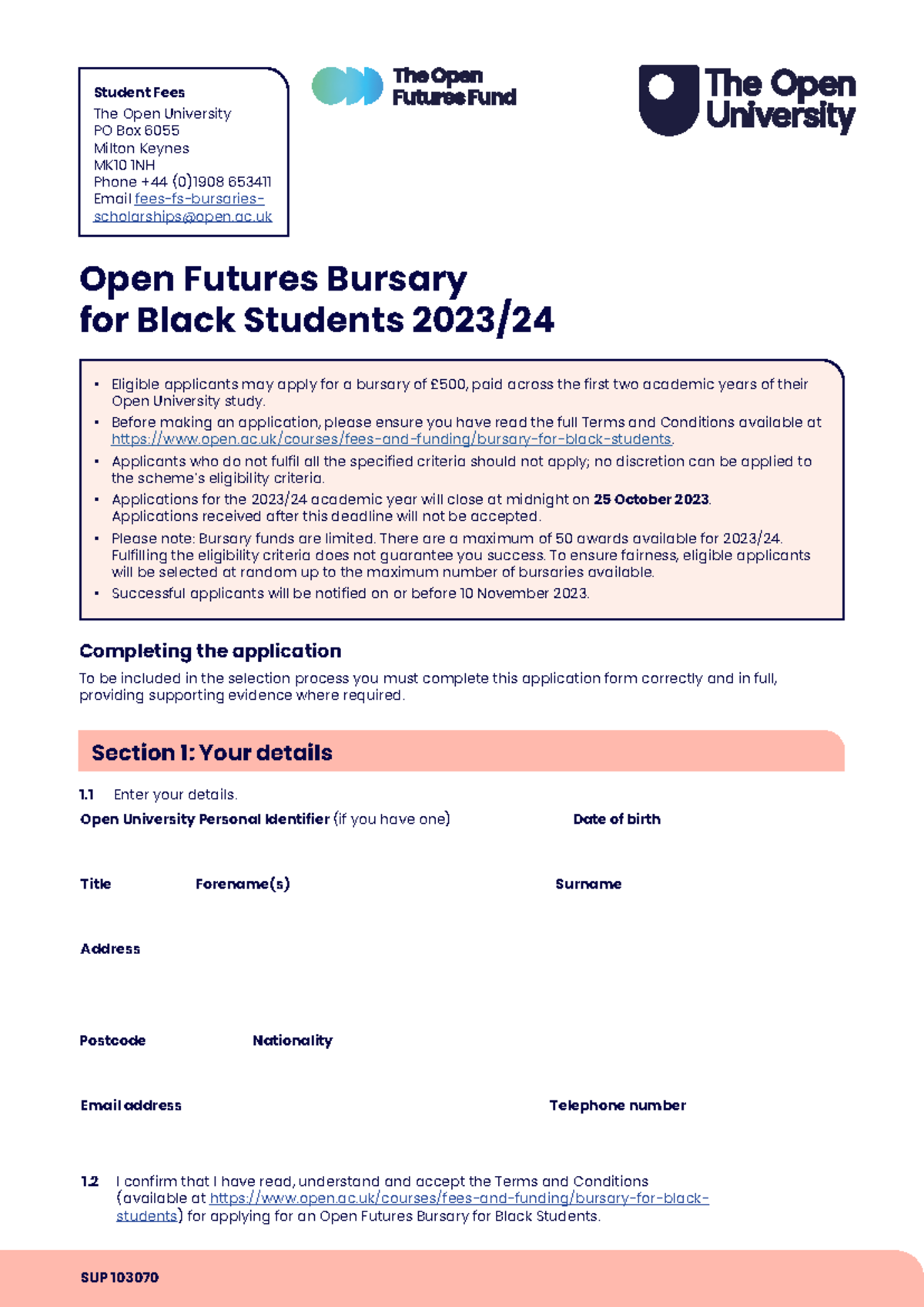 Bursary Black Students 2023 24 App Form - Student Fees The Open ...