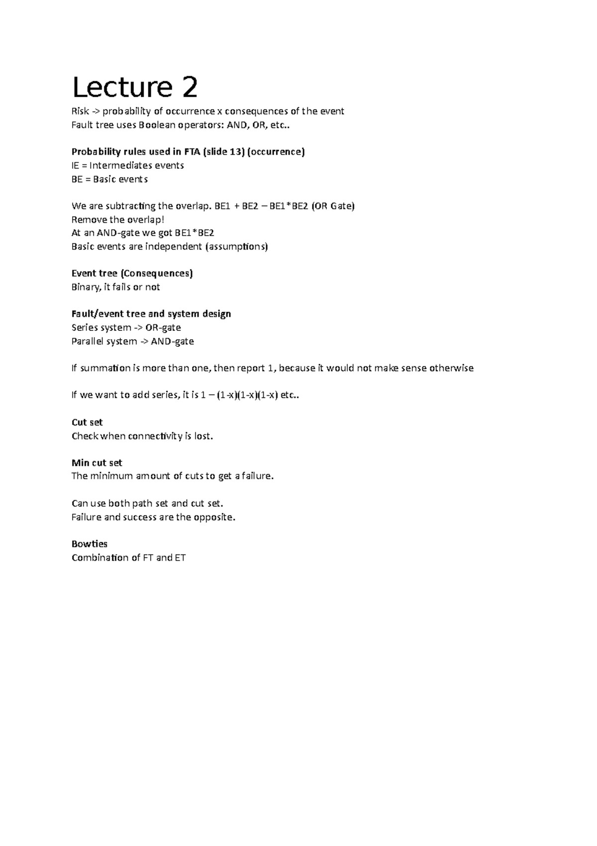 Lecture notes - Lecture 2 Risk -> probability of occurrence x ...