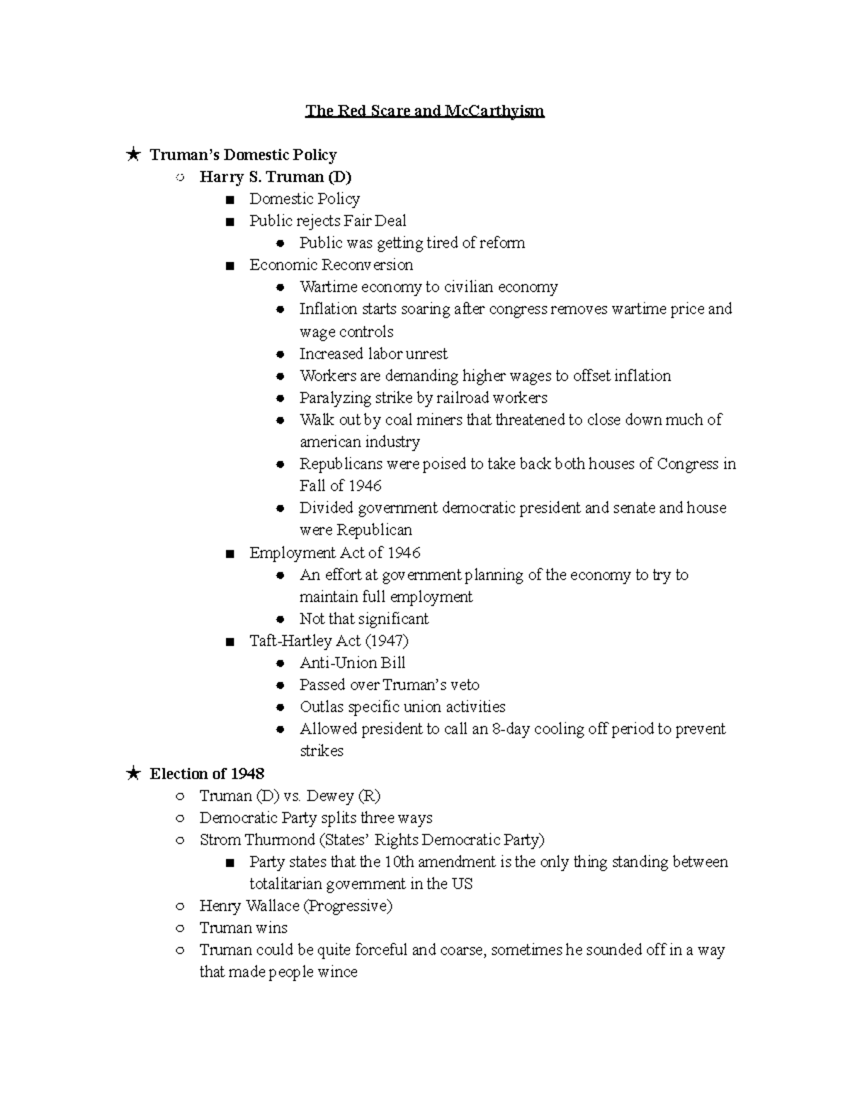 The Red Scare and Mc Carthyism Notes - The Red Scare and McCarthyism ...