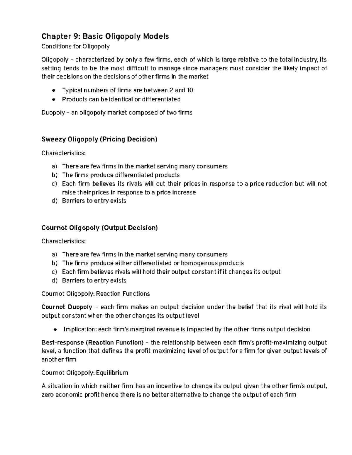 ECON- Finals- Reviewer - Chapter 9: Basic Oligopoly Models Conditions for Oligopoly Oligopoly ...
