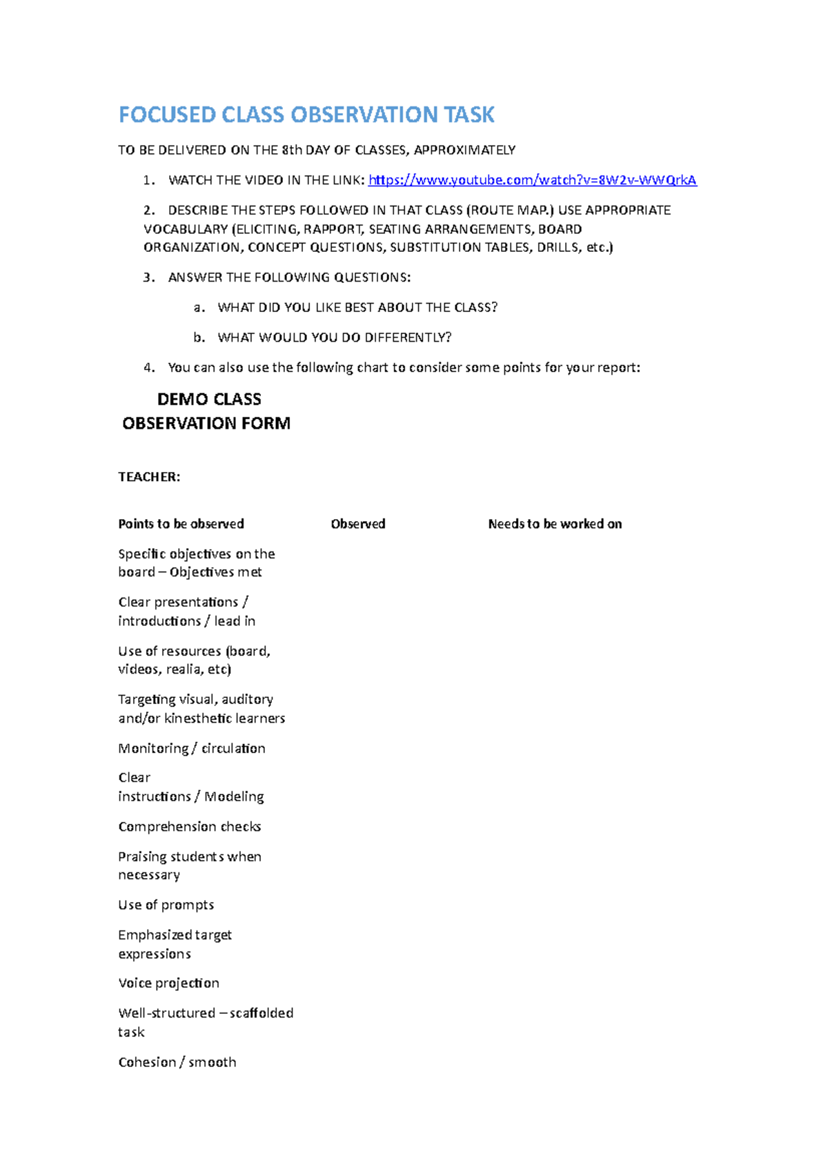 Focused Class Observation TASK - Ingles - UTP - Studocu