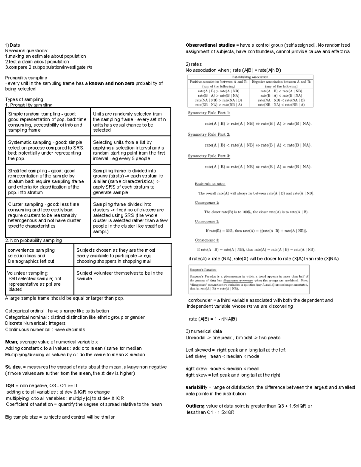 GEA1000 cheatsheet finals - Data Research questions: 1 an estimate about population 2 a claim ...
