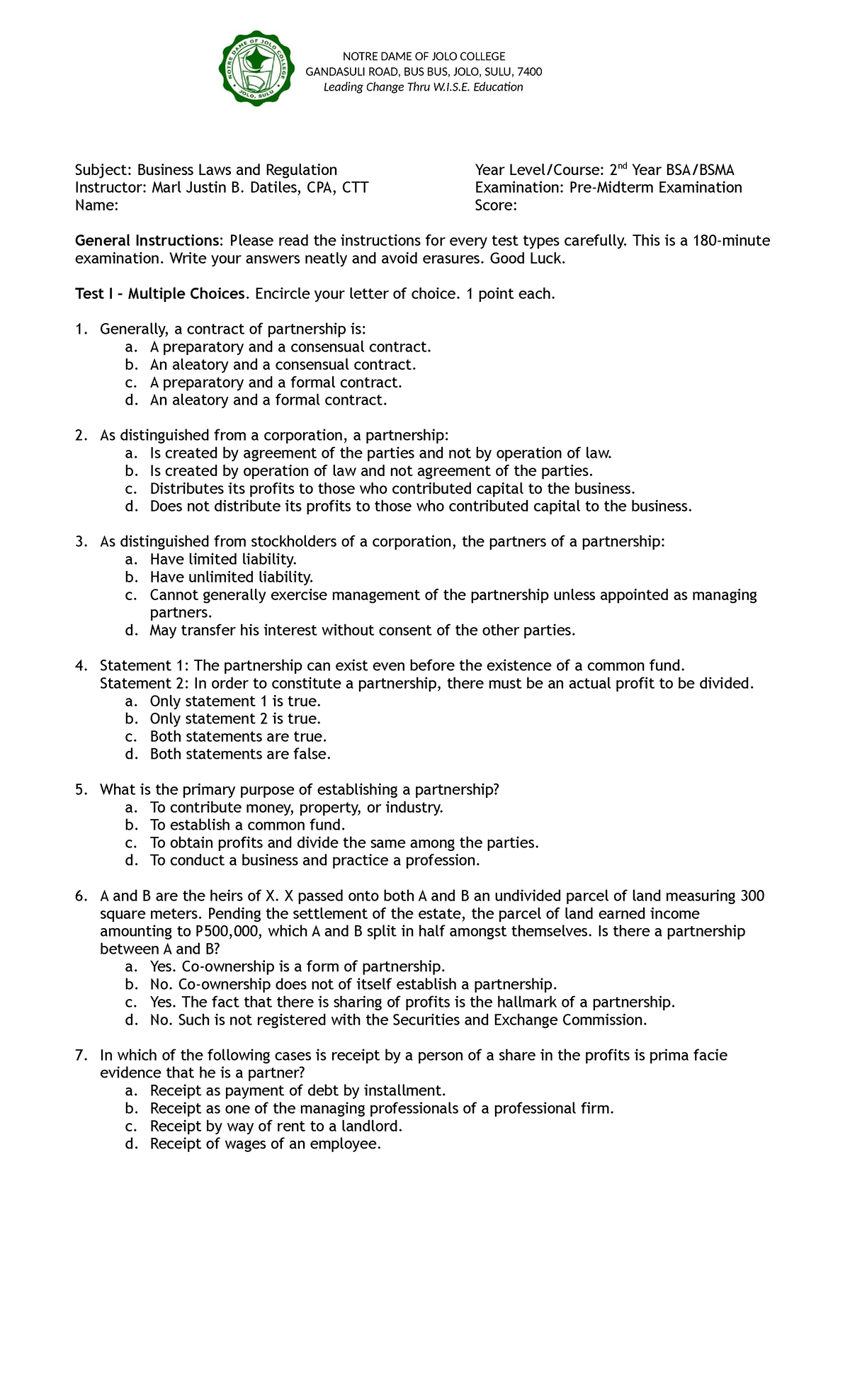 Bus.Law. -Pre Mid - Subject: Business Laws and Regulation Year Level/Course: 2nd Year BSA/BSMA ...