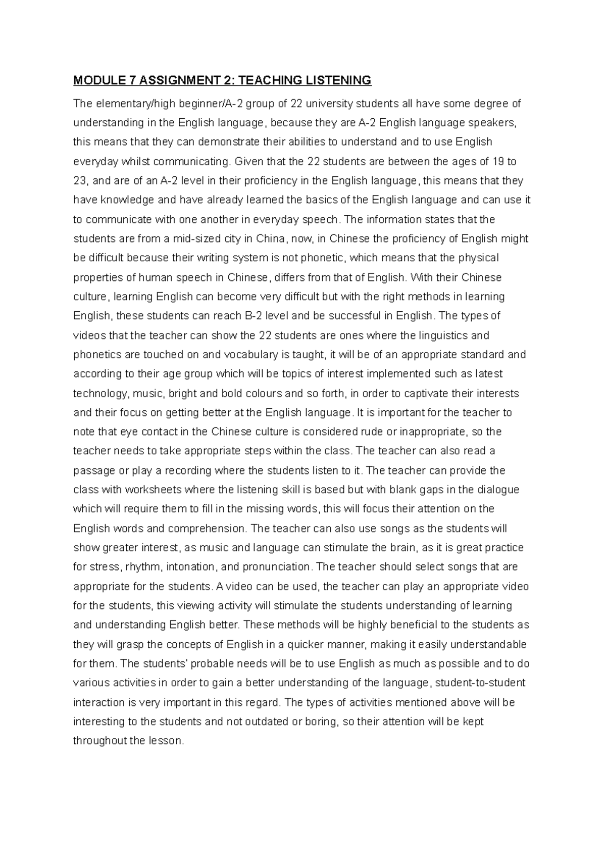 Module 7 Assignment 2 - MODULE 7 ASSIGNMENT 2: TEACHING LISTENING The ...