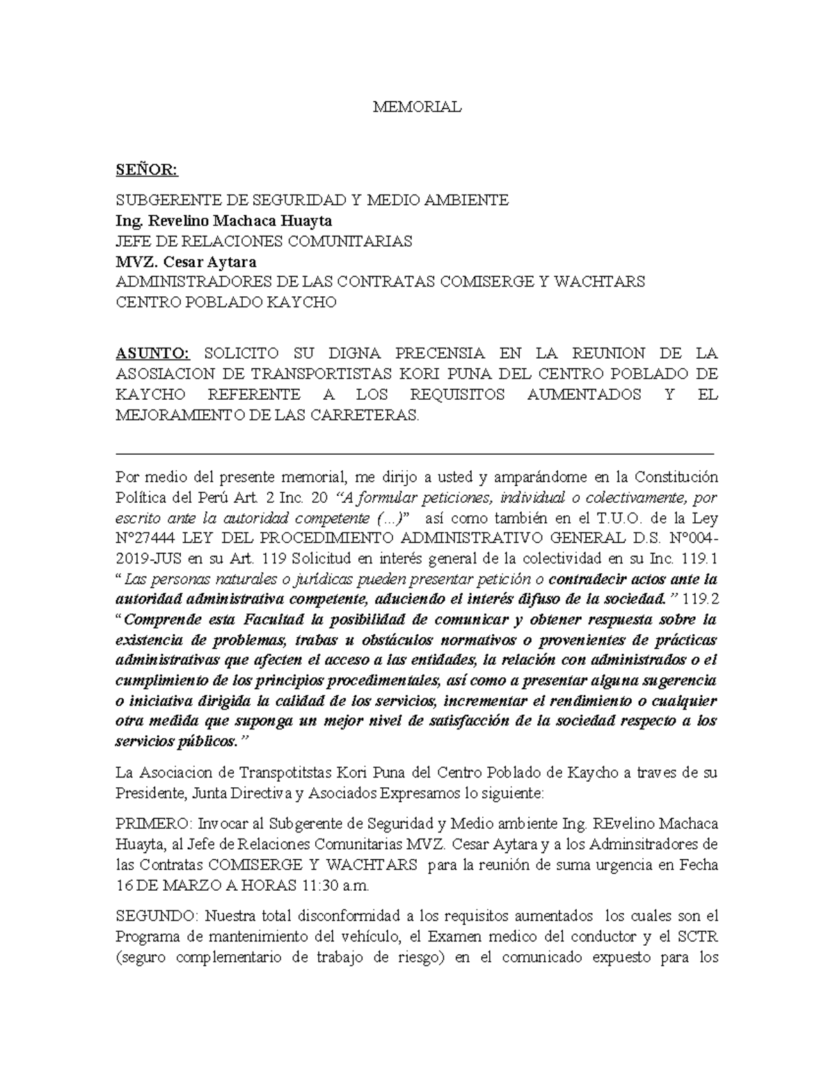 Memorial SIMPLE - MEMORIAL SEÑOR: SUBGERENTE DE SEGURIDAD Y MEDIO ...