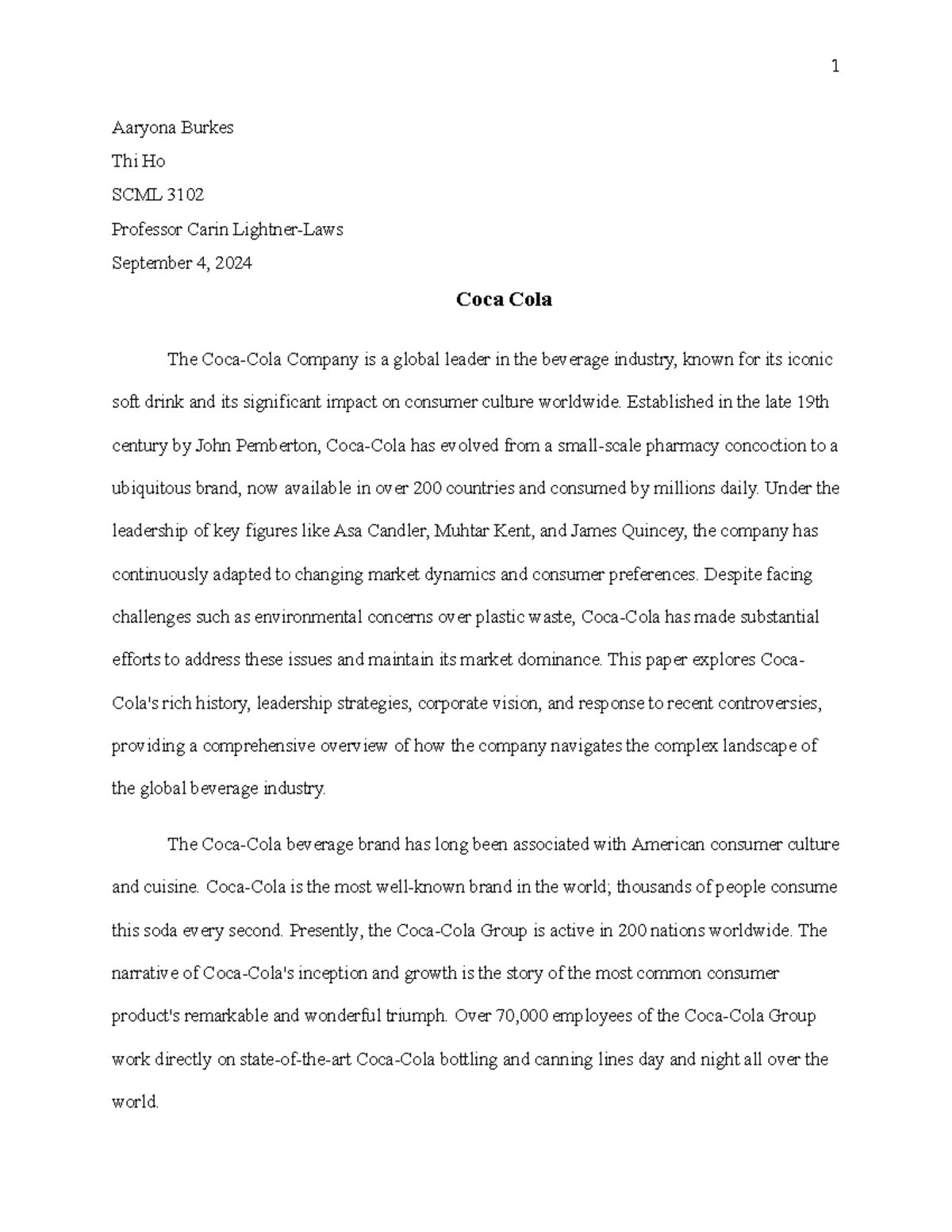COCA COLA Group 11 Final Paper - Aaryona Burkes Thi Ho SCML 3102 ...