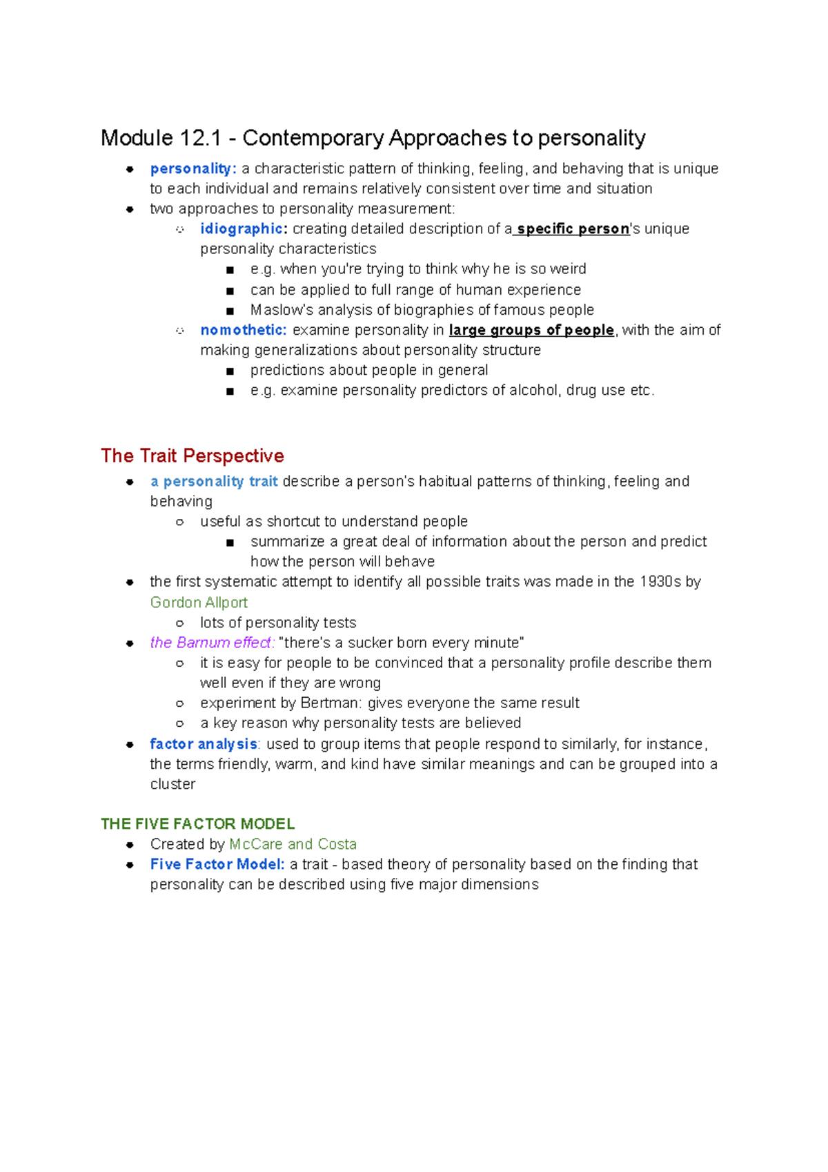 PSY100H1 UTSG Reading Notes Module 12.1 - Contemporary Approaches to ...