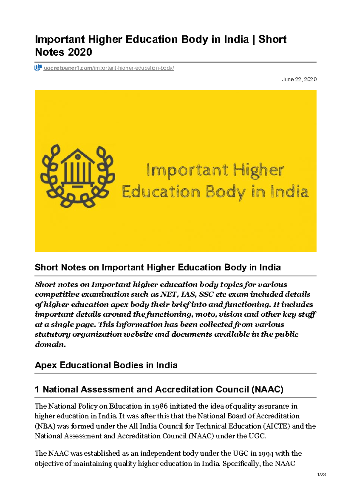 Important Higher Education Body in India Short Notes 2020 - It includes ...