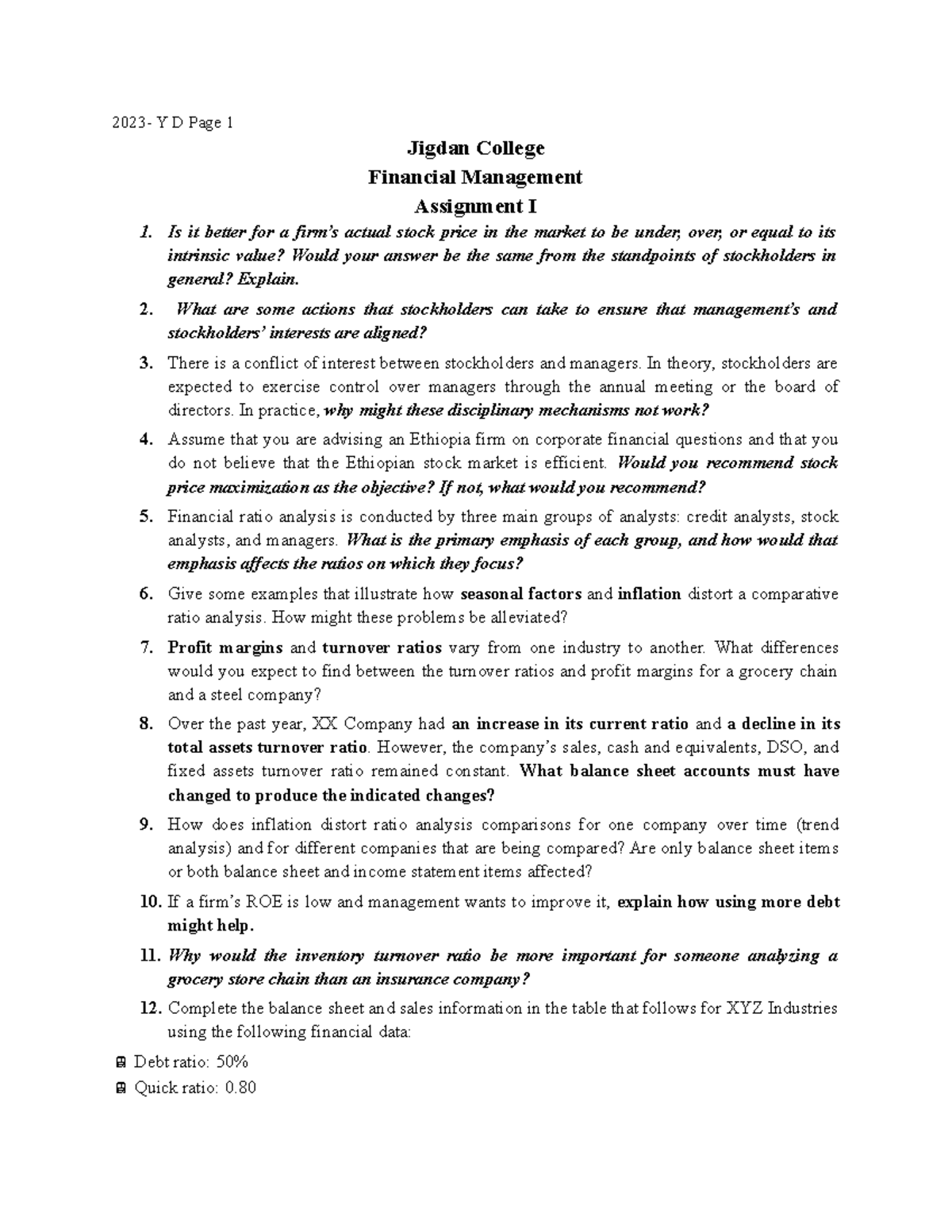 Assignment for FM - 2023- Y D Page 1 Jigdan College Financial ...