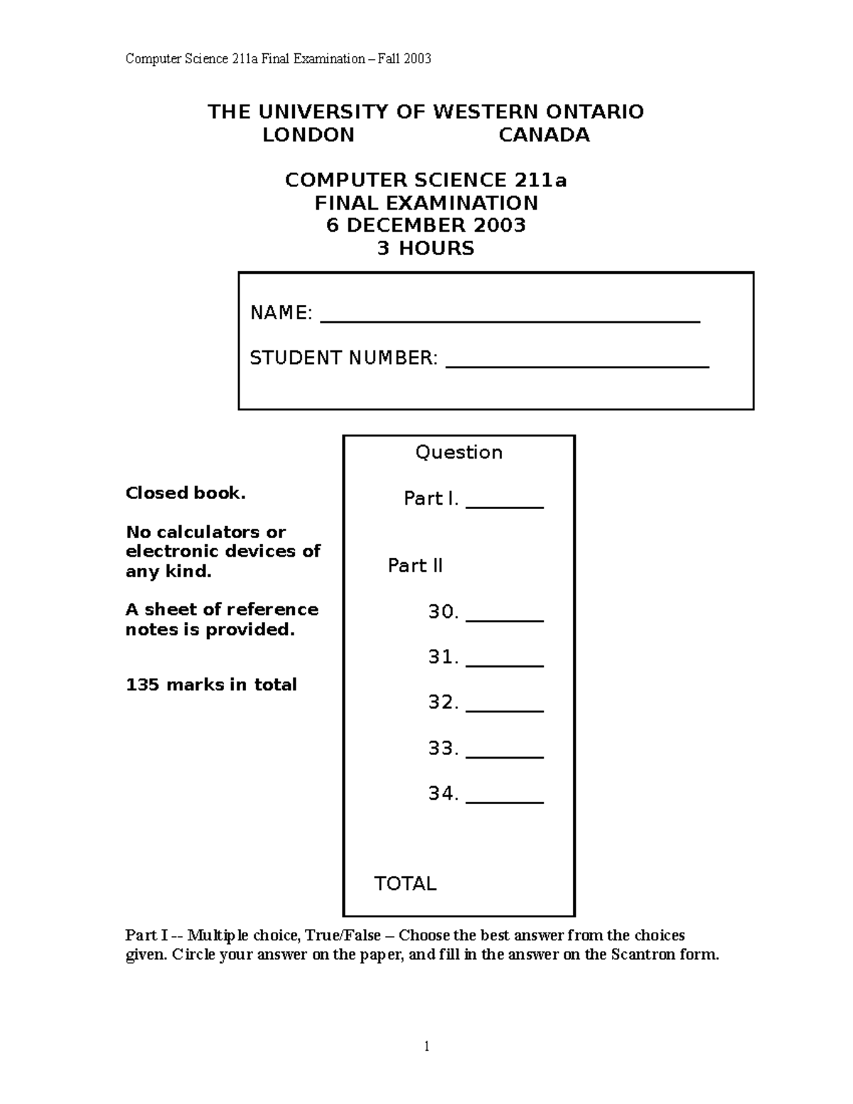Final CS2211a Dec03 exam - THE UNIVERSITY OF WESTERN ONTARIO LONDON ...