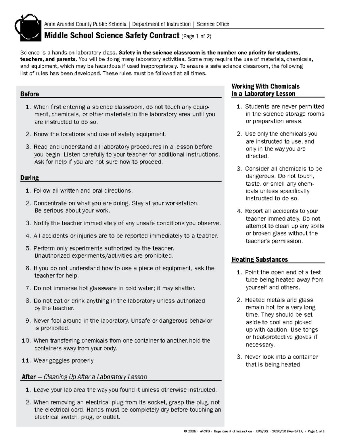 Middle School Science Safety Contract - Studocu