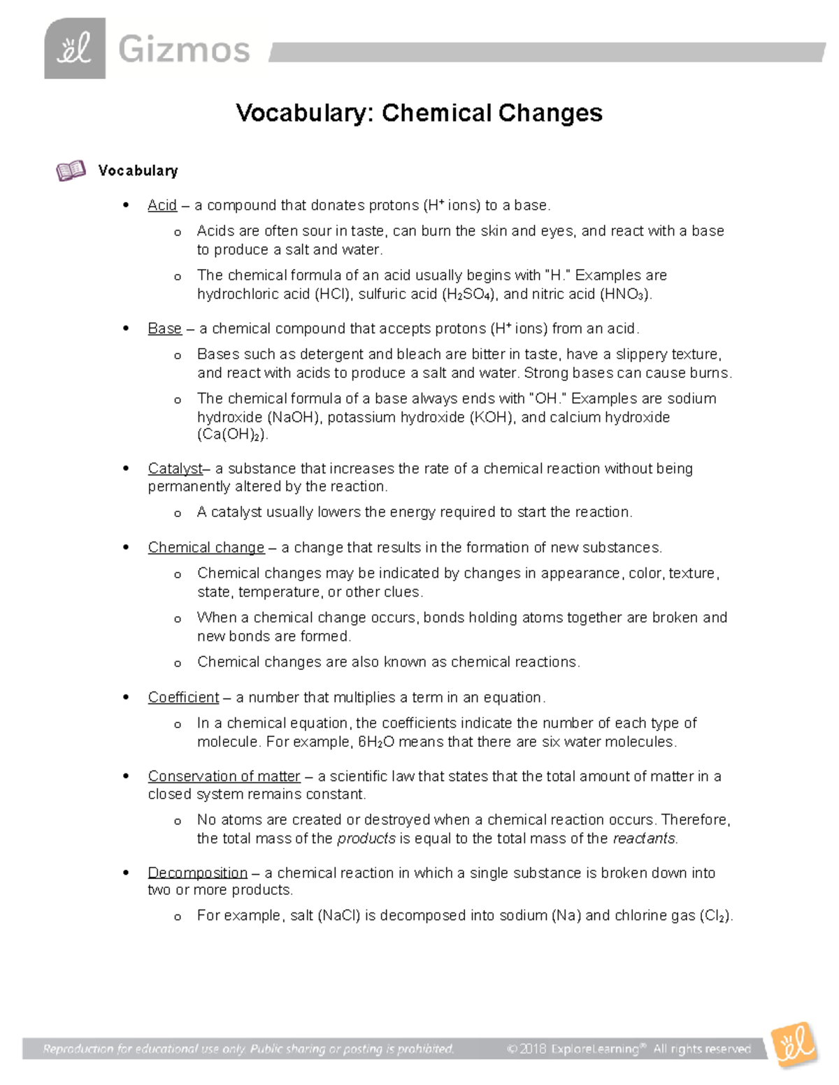Chemical Changes Vocab - 2018 Vocabulary: Chemical Changes Vocabulary ...
