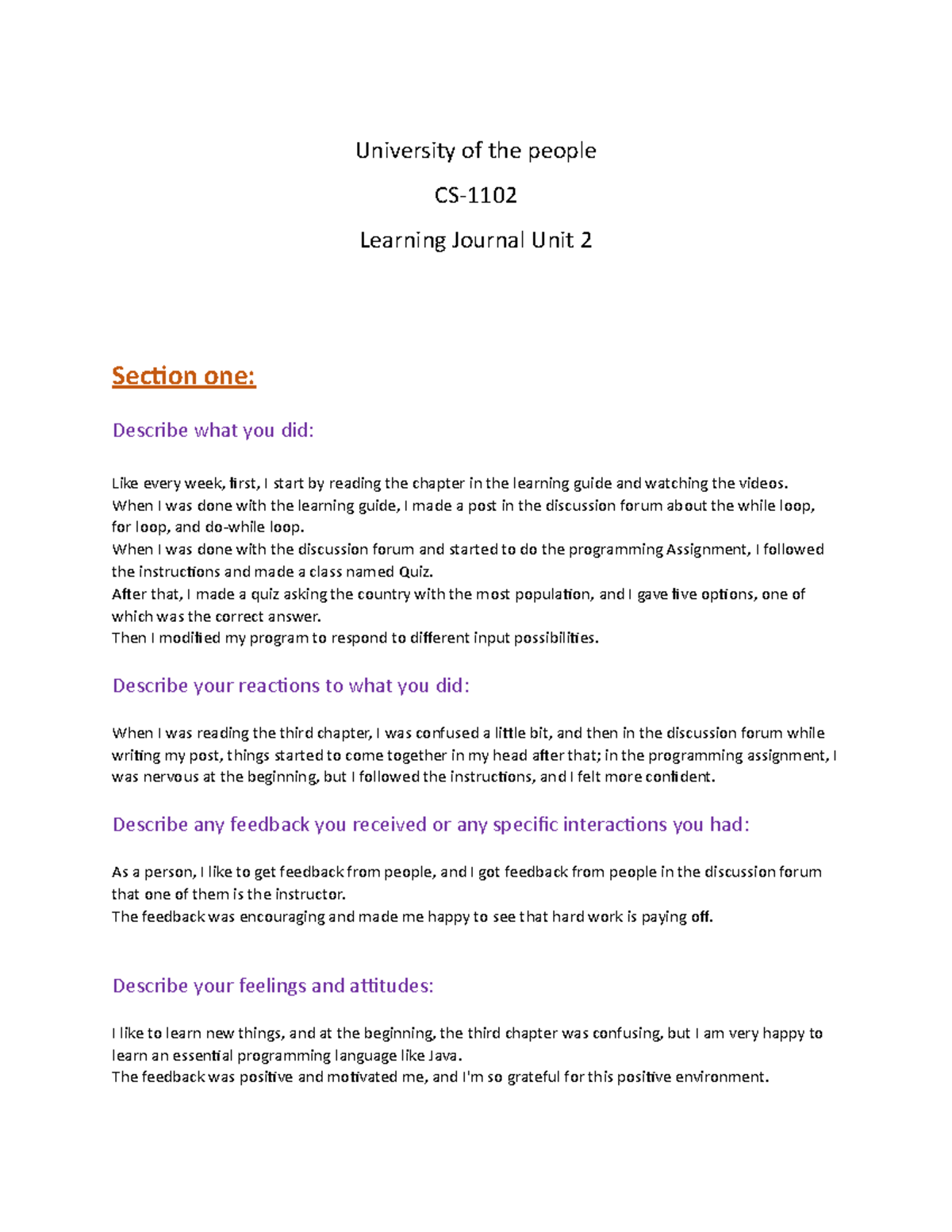 Cs1102 Learning Journal Unit 2 University Of The People Cs Learning Journal Unit 2 Section
