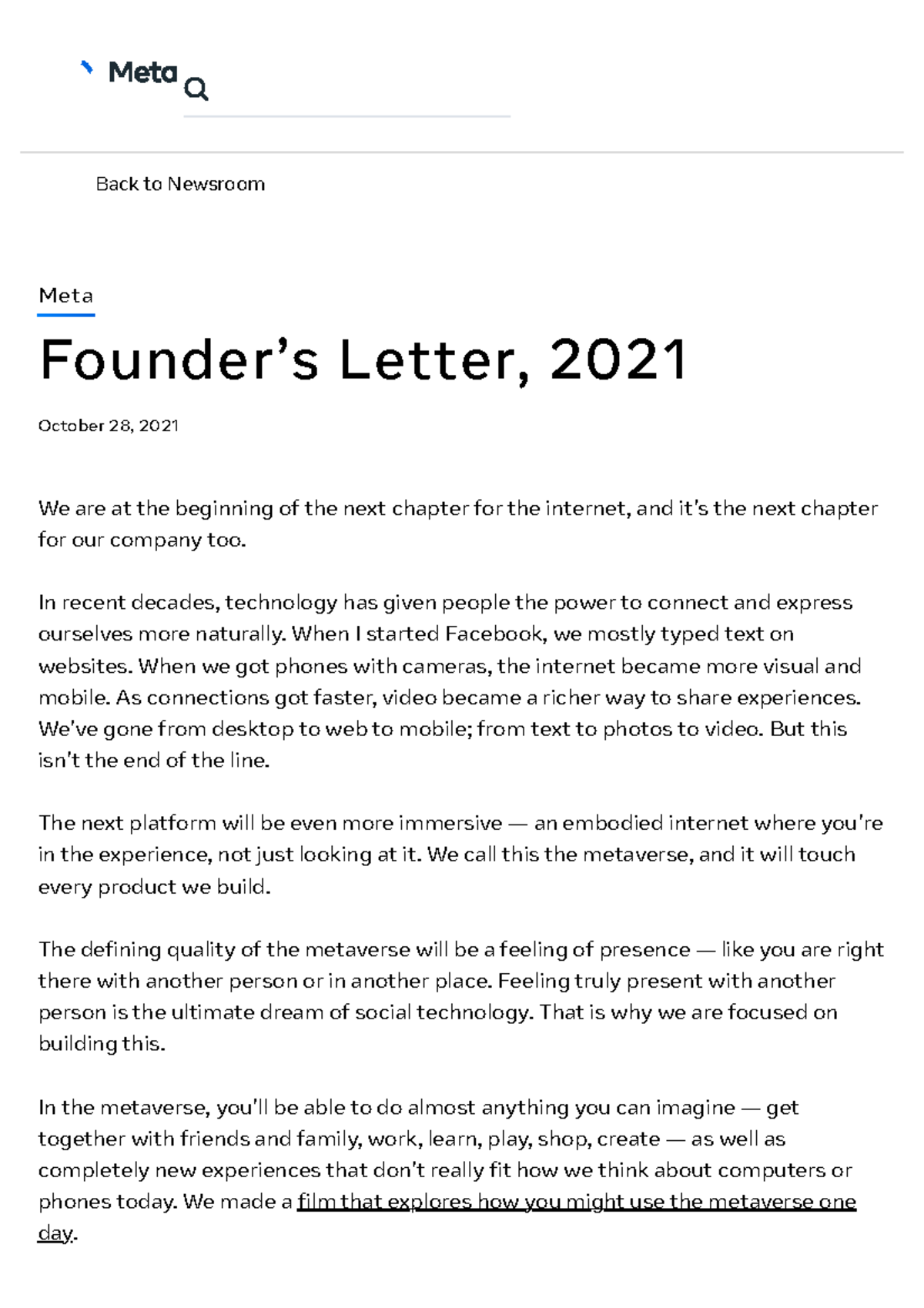TMA reading - Founder's Letter, 2021 Meta - Back to Newsroom Meta ...