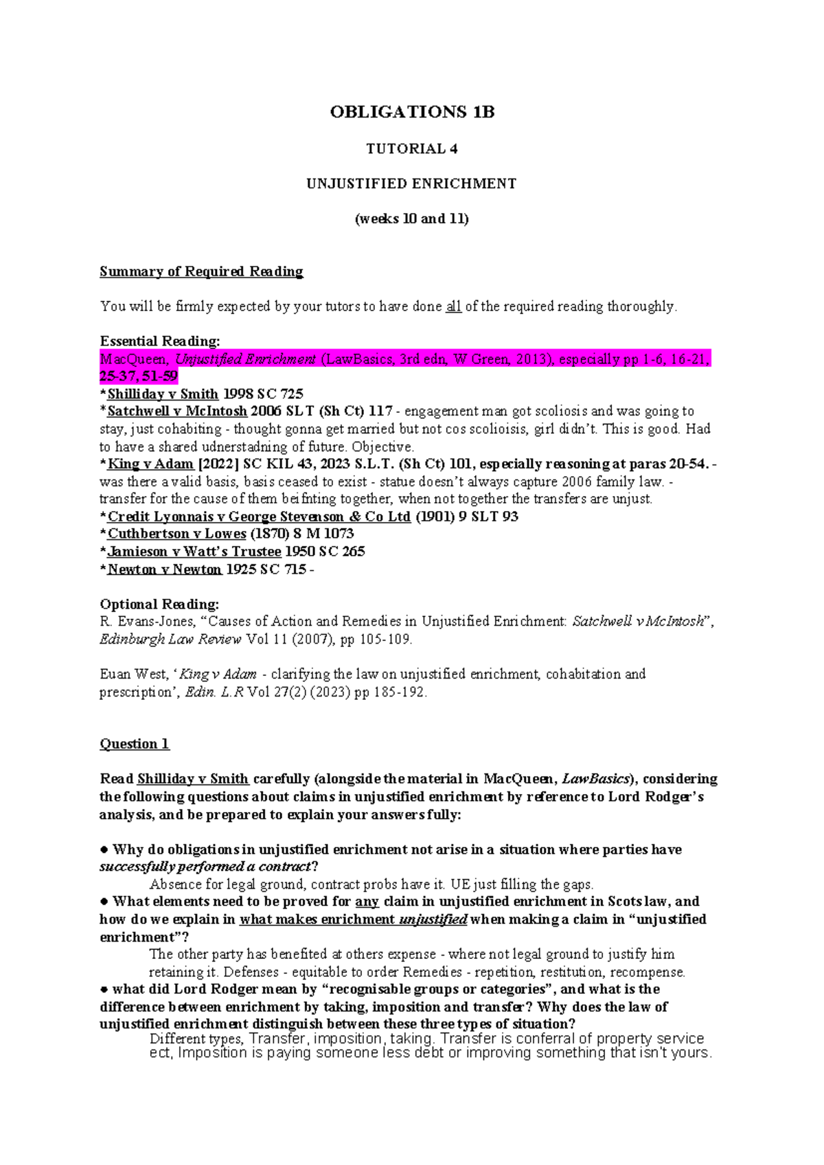 Tutorial 4 - OBLIGATIONS 1B TUTORIAL 4 UNJUSTIFIED ENRICHMENT (weeks 10 and 11) Summary of ...