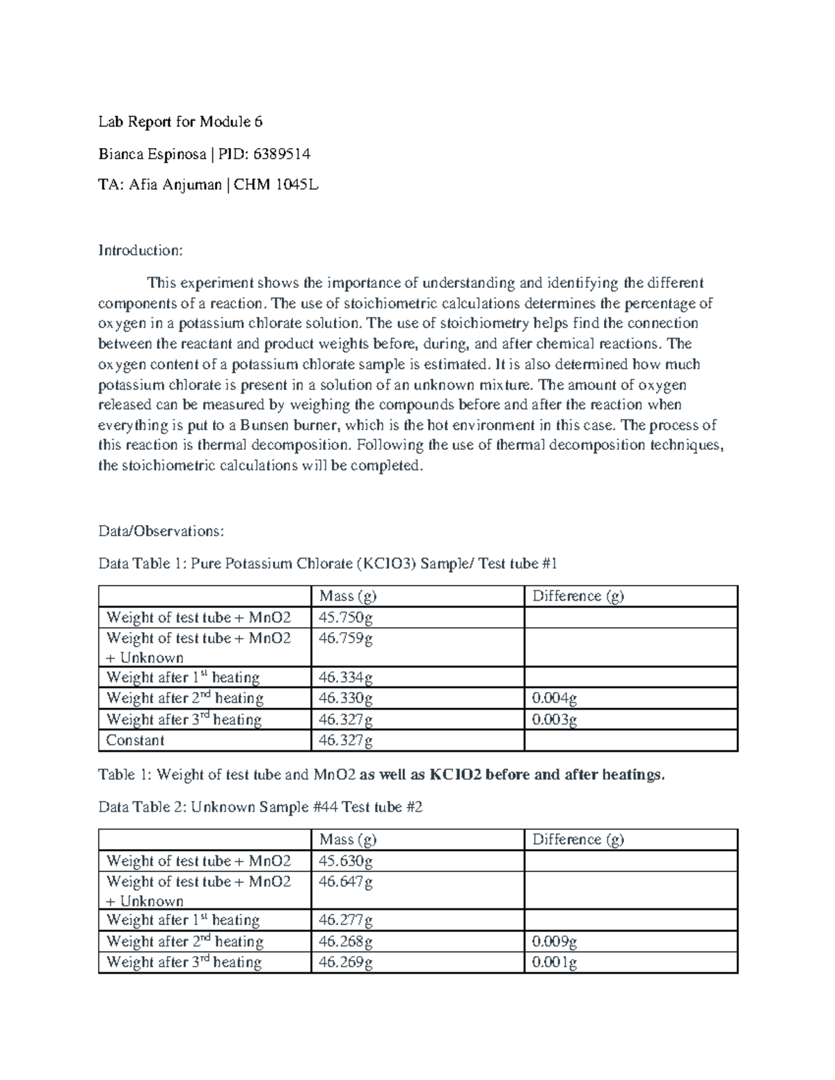 Lab Report for Module 6 - The use of stoichiometric calculations determines the percentage of ...
