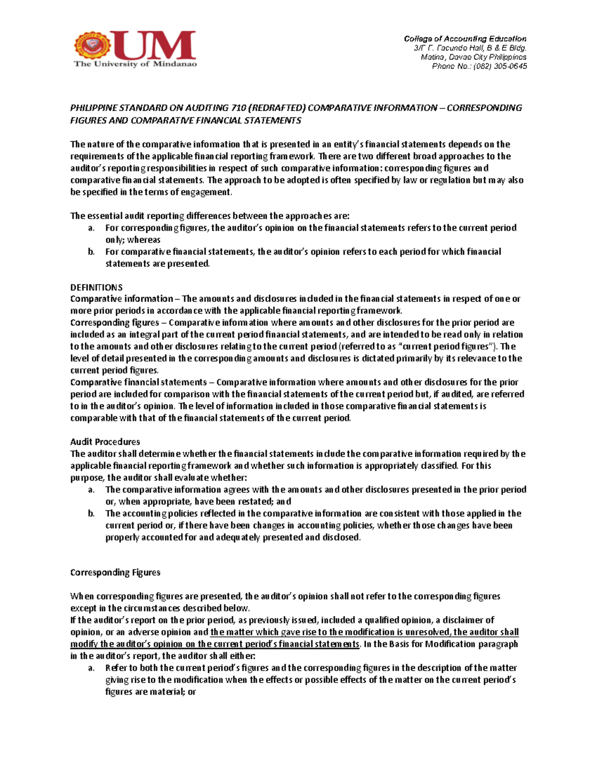 Supplementary Material - Audit Report on Comparatives and Other ...