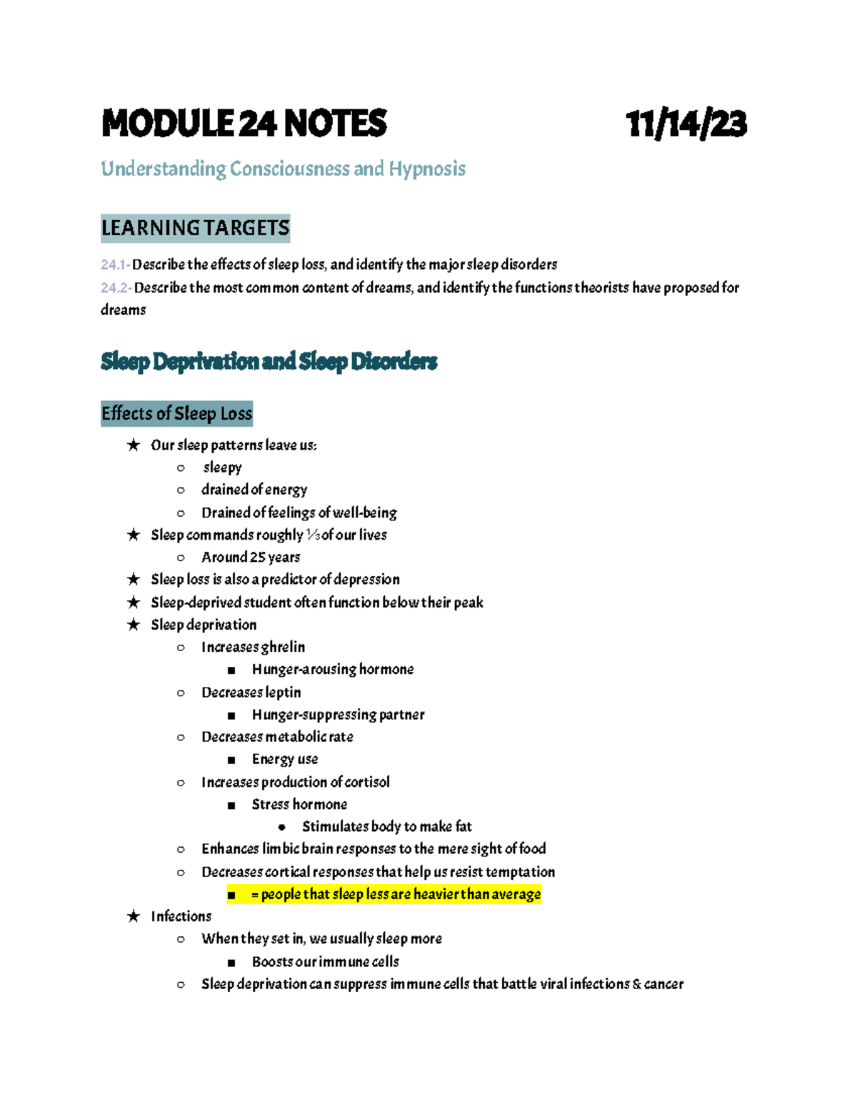 Module 24 Notes - MODULE 24 NOTES 11/14/ Understanding Consciousness ...