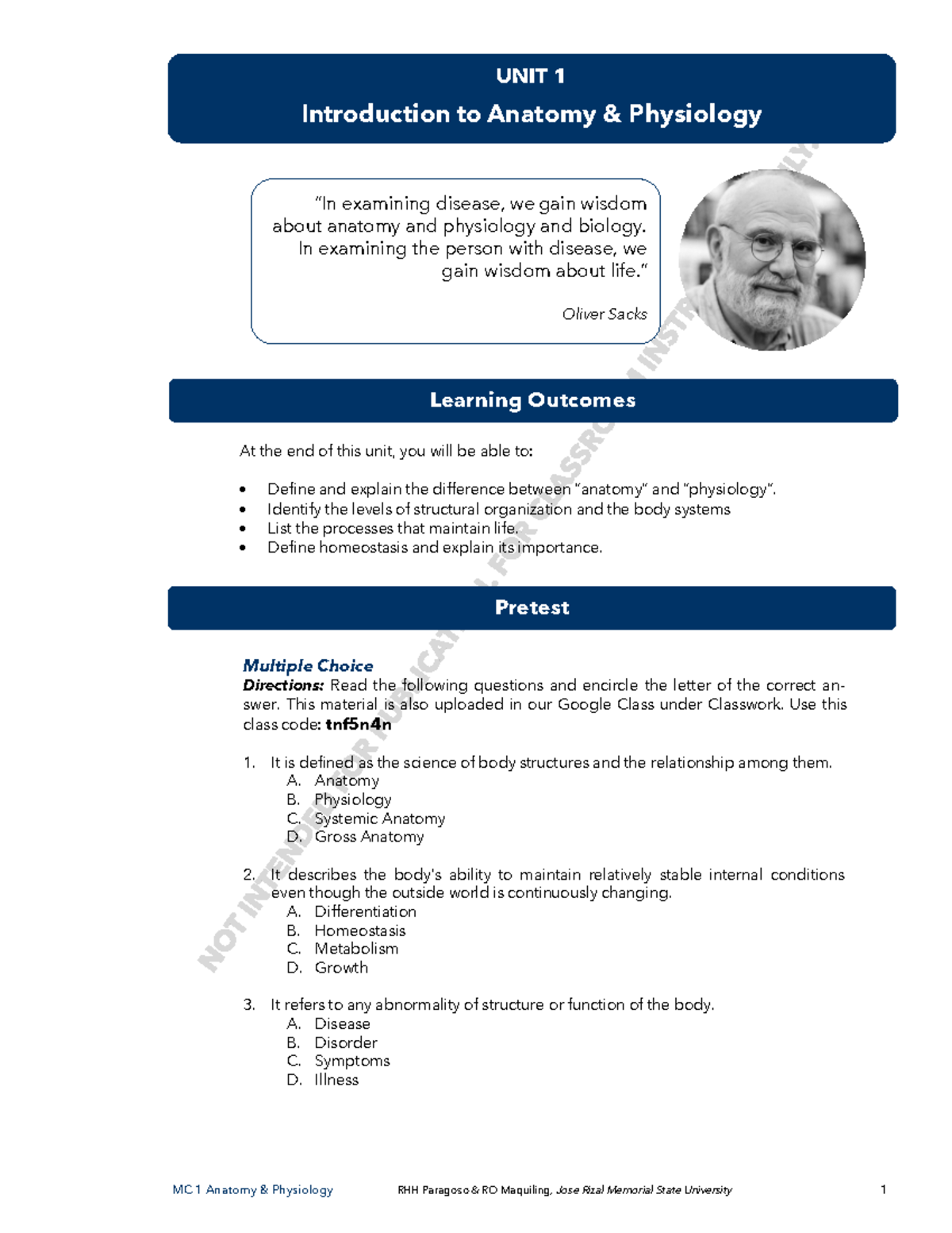 MC 1 - Unit 1 - Anatomy and Physiology - UNIT 1 Introduction to Anatomy ...