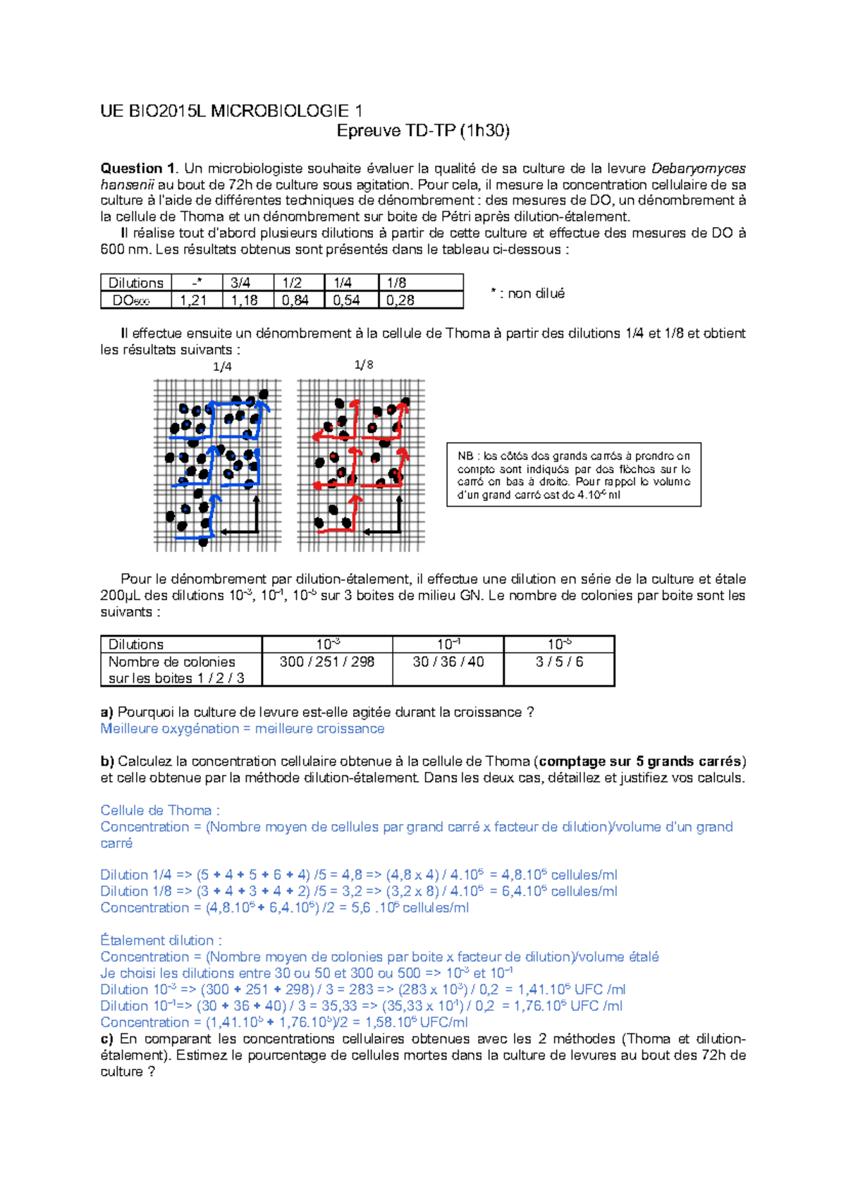 Microbio - AN - TPTD - Sujet 2 COR - 1/4 1/ UE BIO2015L MICROBIOLOGIE 1 Epreuve TD-TP (1h30 ...