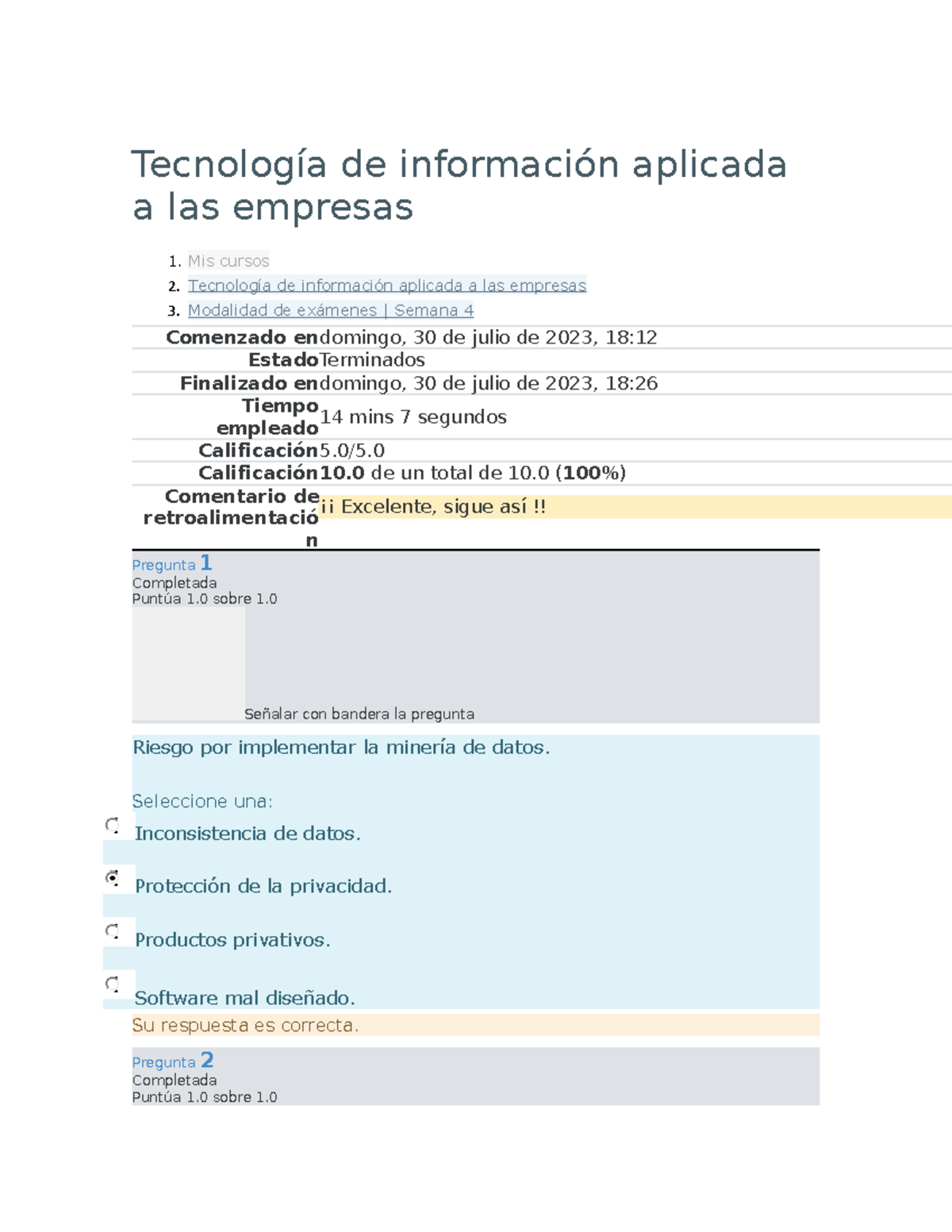 Tecnología de información aplicada a las empresas examen semana 4 cal ...