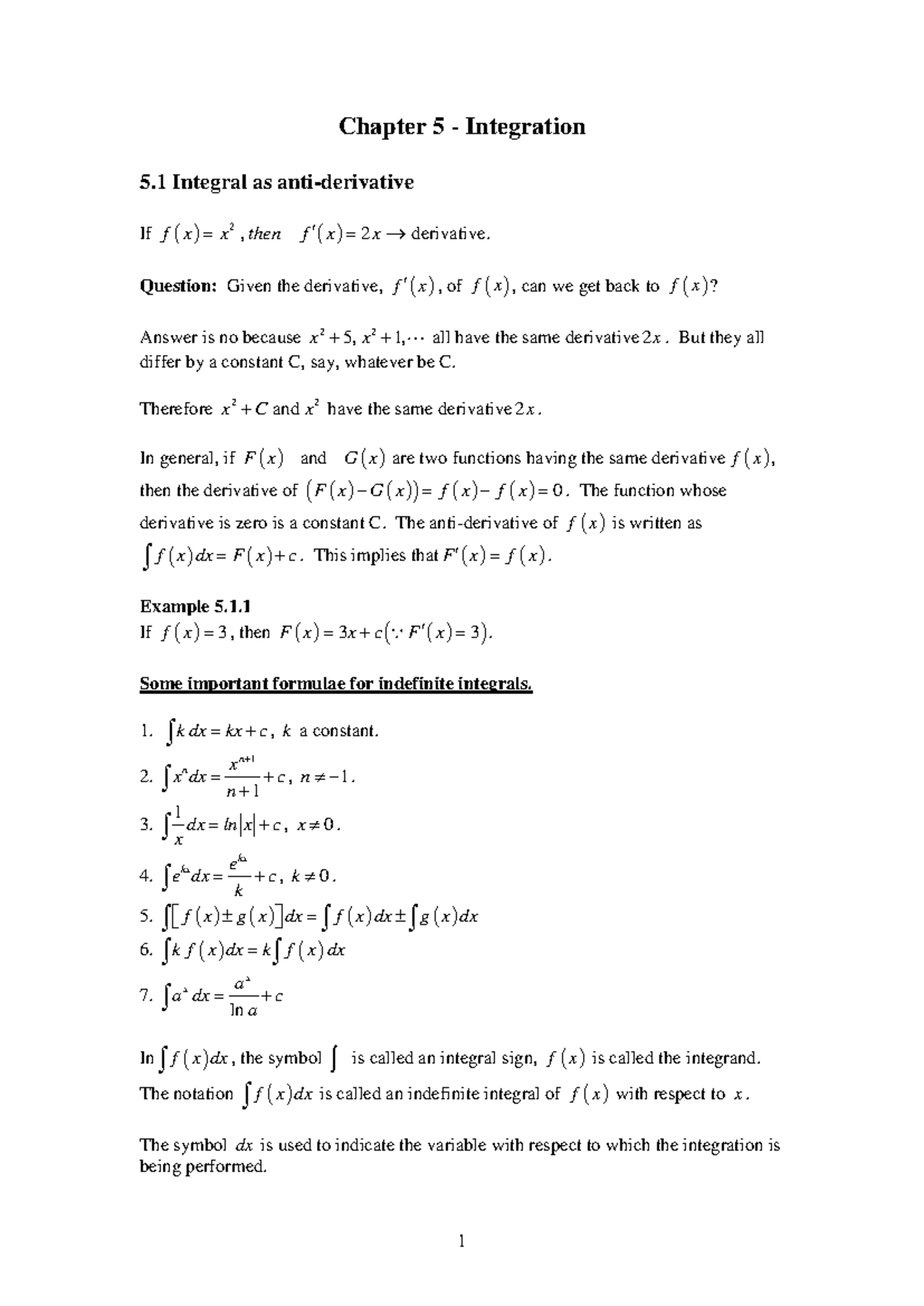 Chapter 5 - Integration 2020 - Chapter 5 - Integration 5 Integral as ...