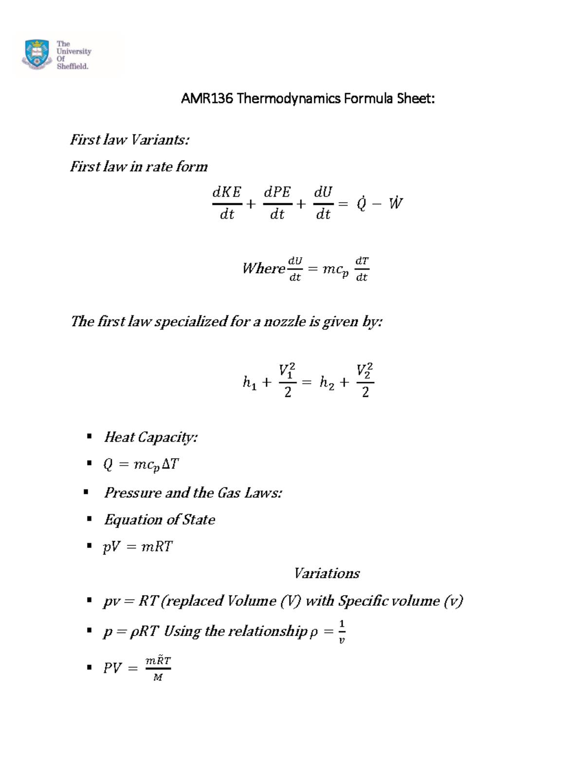 Thermodynamics Formula Sheet - AMR136 Thermodynamics Formula Sheet ...