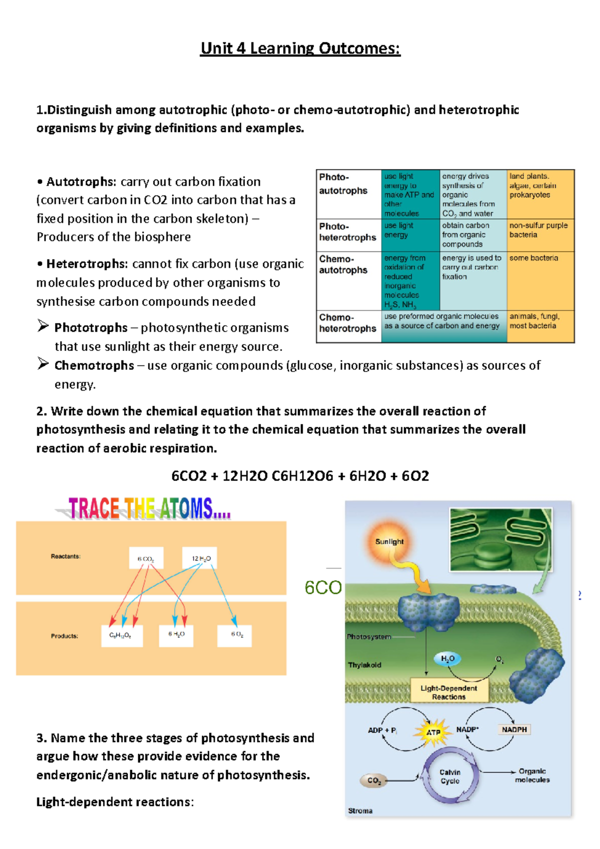 Unit 4 Learning Outcomes - Unit 4 Learning Outcomes: 1 among autotrophic (photo- or - Studocu