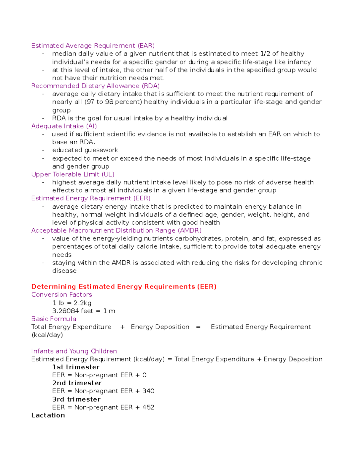 Week 2 - Lecture notes for week 2 - Estimated Average Requirement (EAR ...